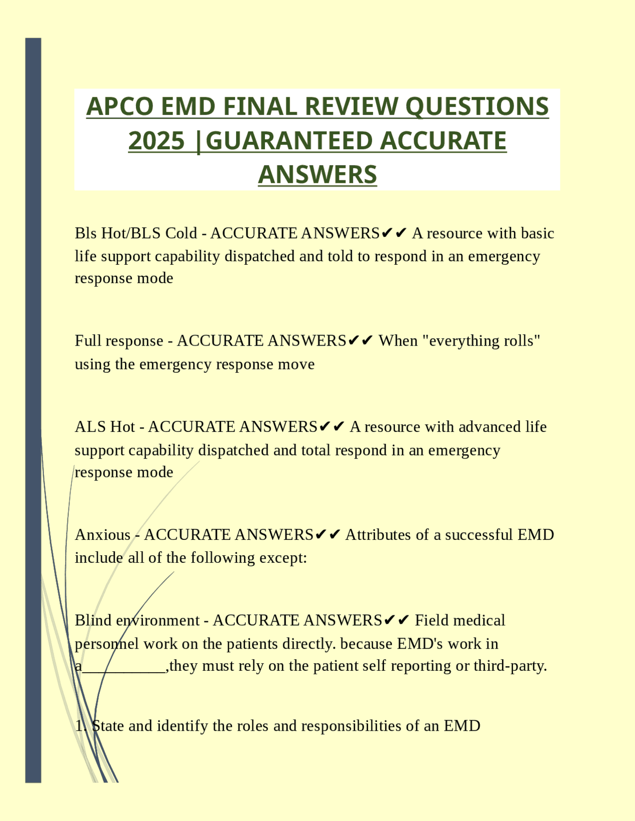 APCO EMD FINAL REVIEW QUESTIONS 2025 |GUARANTEED ACCURATE ANSWERS | Exams Nursing | Docsity