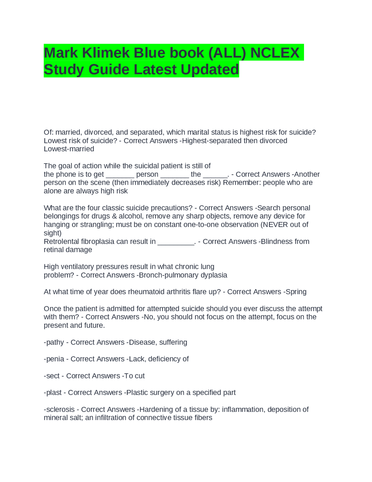 Mark Klimek Blue book (ALL) NCLEX Study Guide Latest Updated | Exams ...