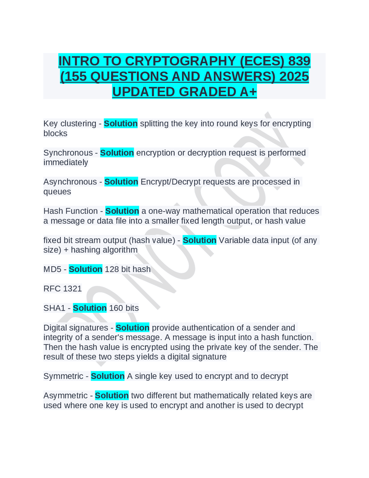 INTRO TO CRYPTOGRAPHY (ECES) 839 (155 QUESTIONS AND ANSWERS) 2025 ...