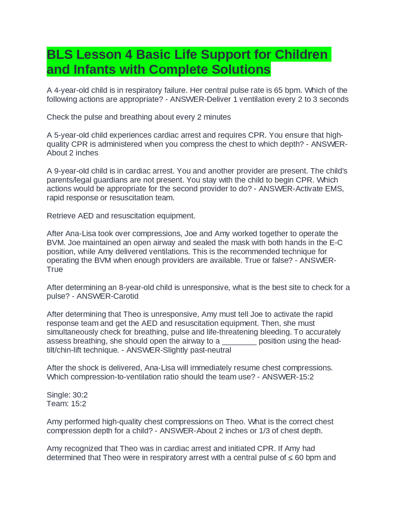 BLS Lesson 4 Basic Life Support for Children and Infants | Exams ...