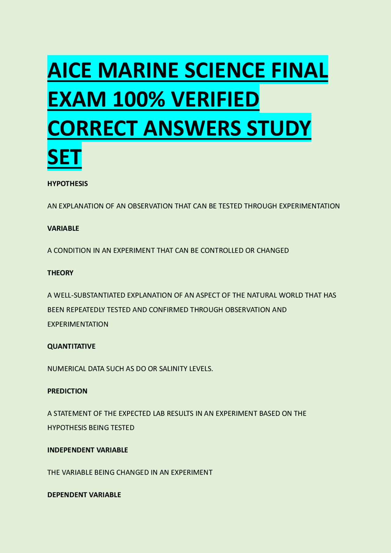 AICE MARINE SCIENCE FINAL EXAM 100% VERIFIED CORRECT ANSWERS STUDY SET ...