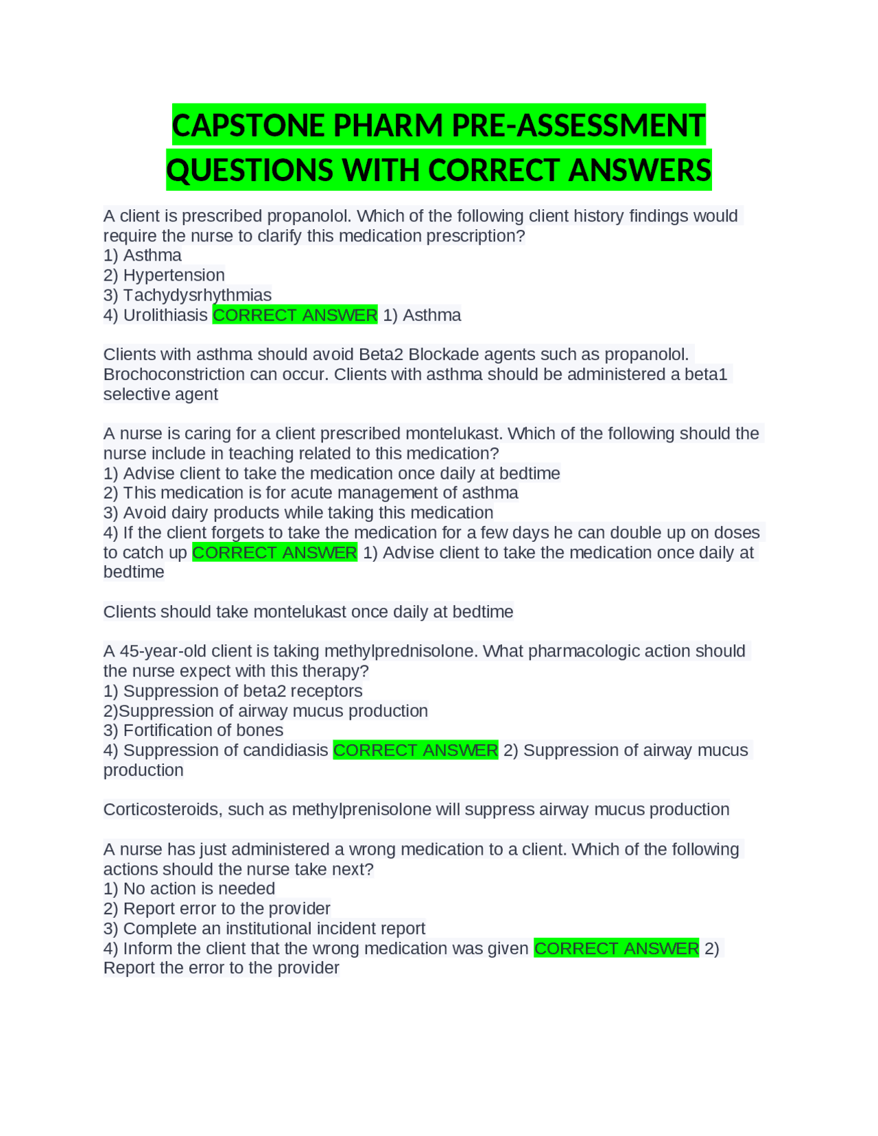 Pharmacology Pre-Assessment Questions with Correct Answers | Exams ...