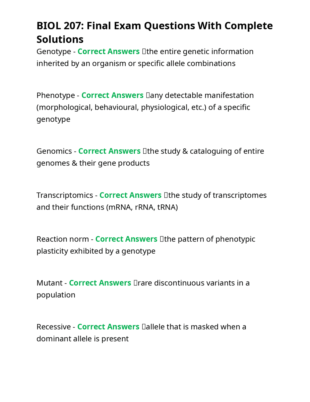 BIOL 207: Final Exam Questions With Complete Solutions - Genetics and ...