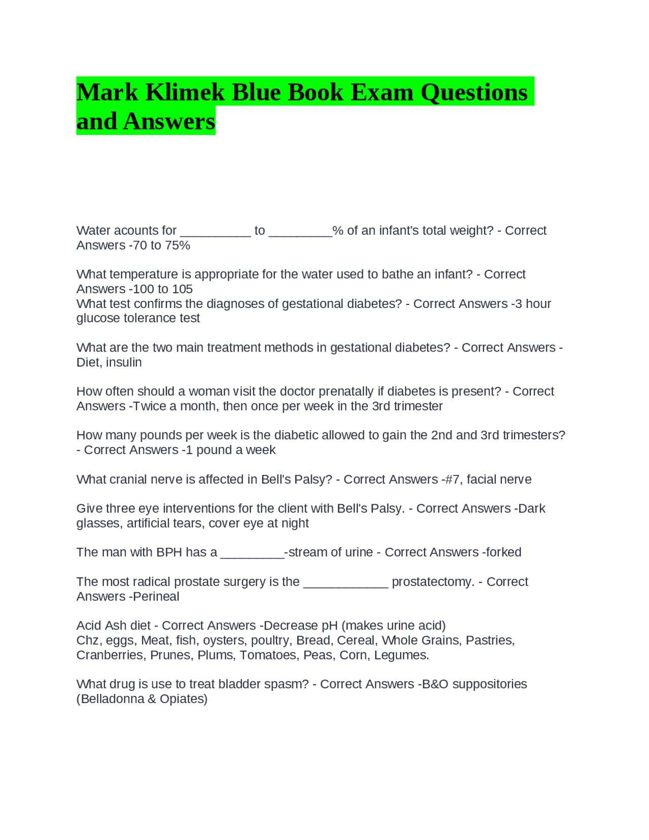 Mark Klimek Blue Book Exam Questions and Answers | Accurate | Graded A ...