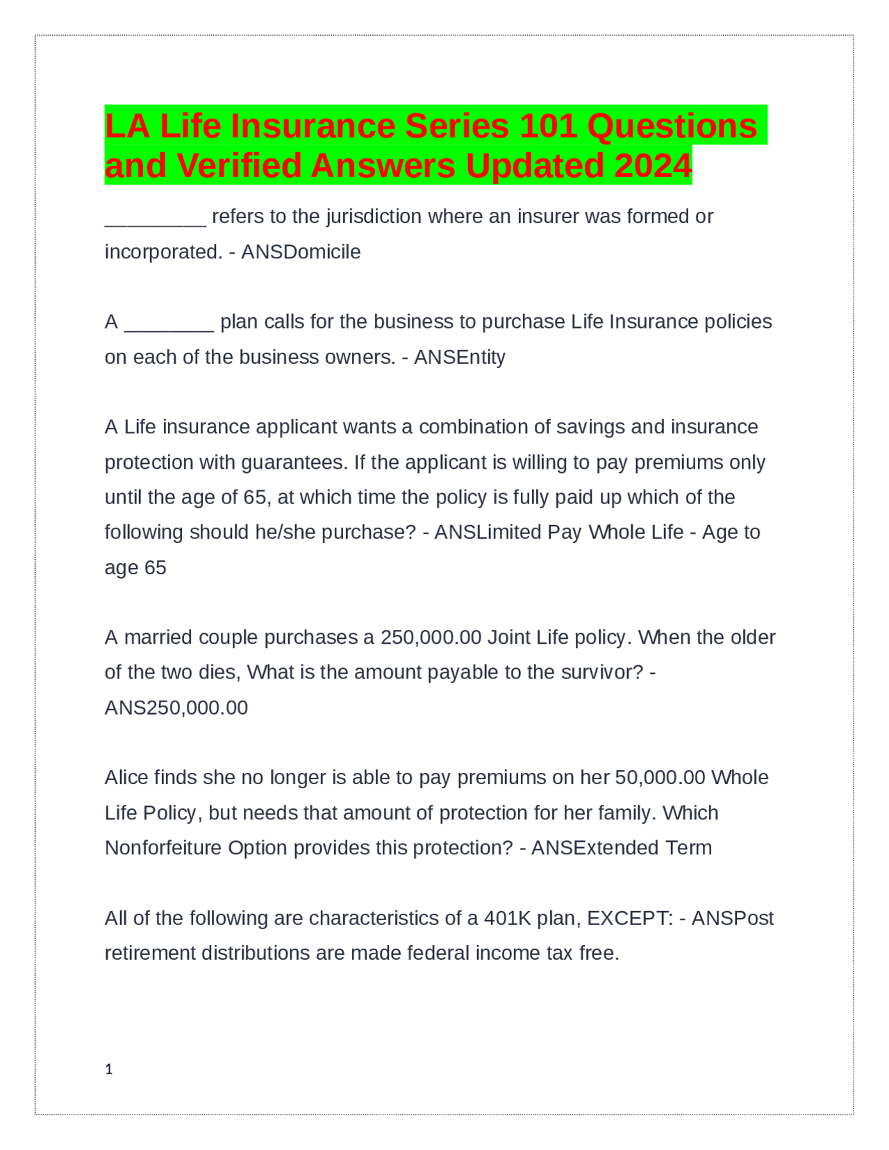 Life Insurance Series 101: Questions and Answers | Exams Insurance law ...