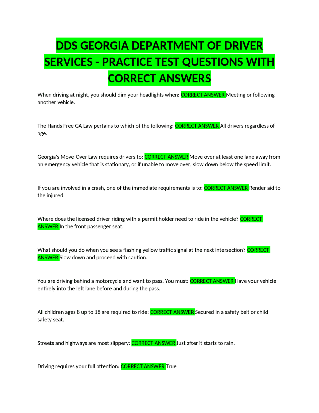 DDS GEORGIA DEPARTMENT OF DRIVER SERVICES - PRACTICE TEST QUESTIONS ...