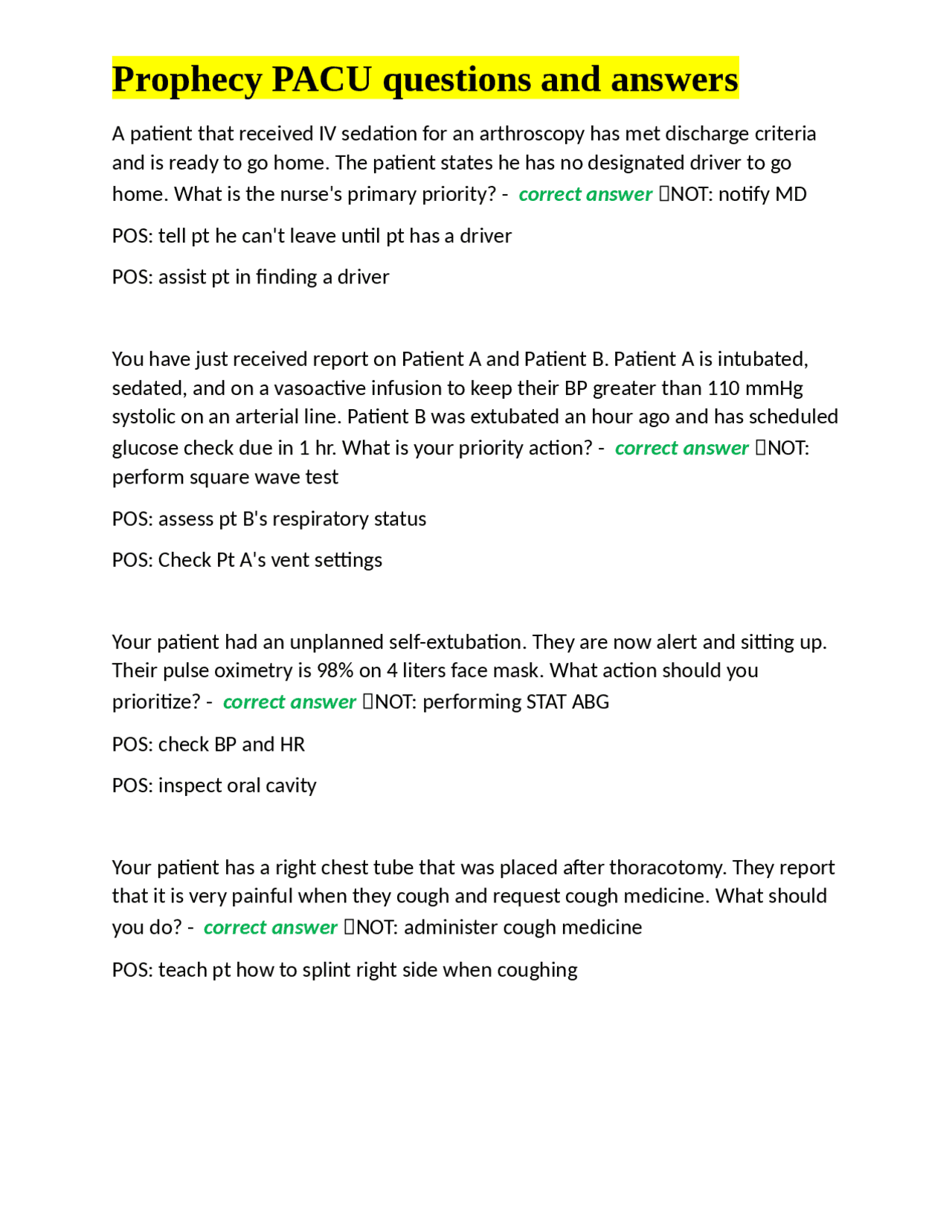 Prophecy PACU Questions and Answers: A Guide for Nursing Students ...
