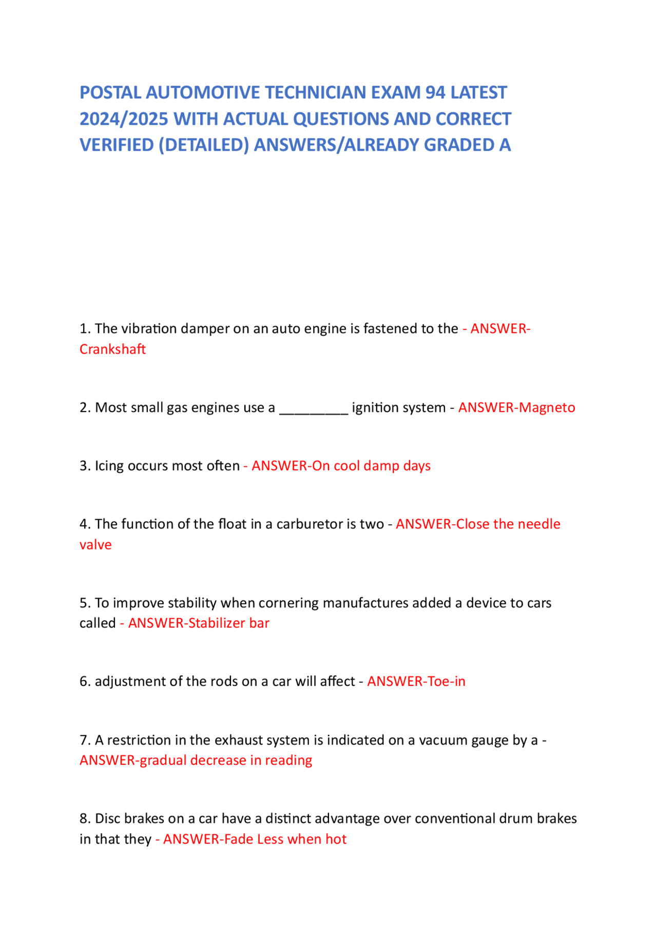 POSTAL AUTOMOTIVE TECHNICIAN EXAM 94 LATEST 2024/2025 WITH ACTUAL ...