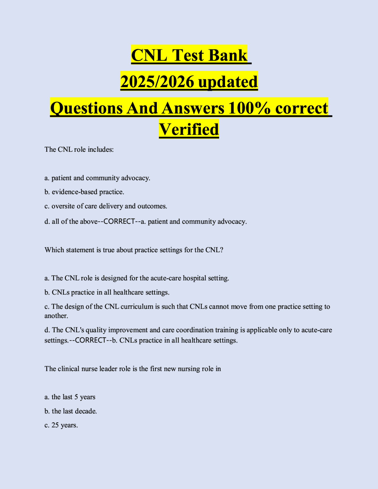 CNL Test Bank 2025/2026 updated Questions And Answers 100% correct ...