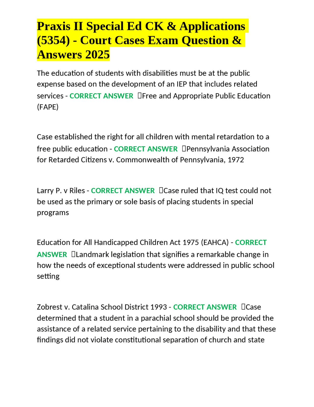 Praxis II Special Ed CK & Applications (5354) - Court Cases Exam ...