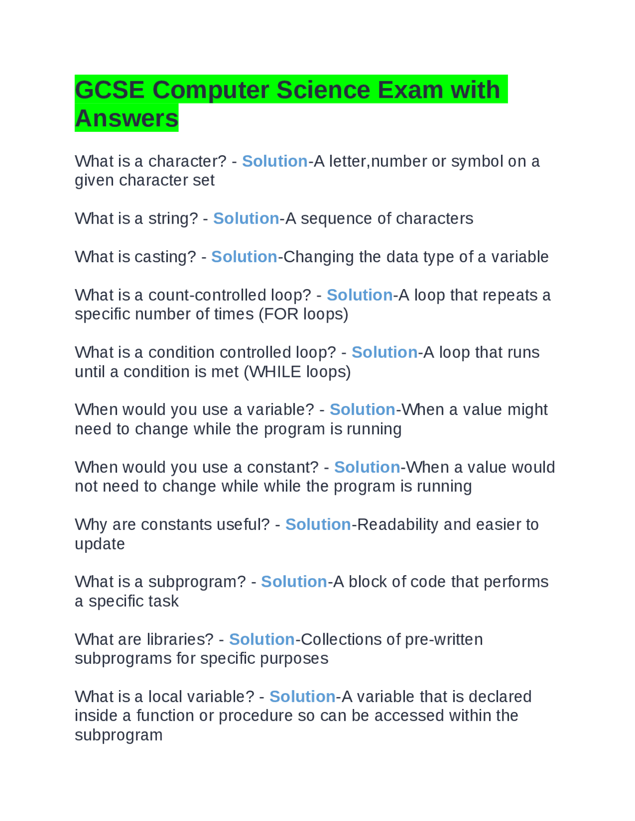 GCSE Computer Science Exam Questions and Answers | Exams Computer Science | Docsity