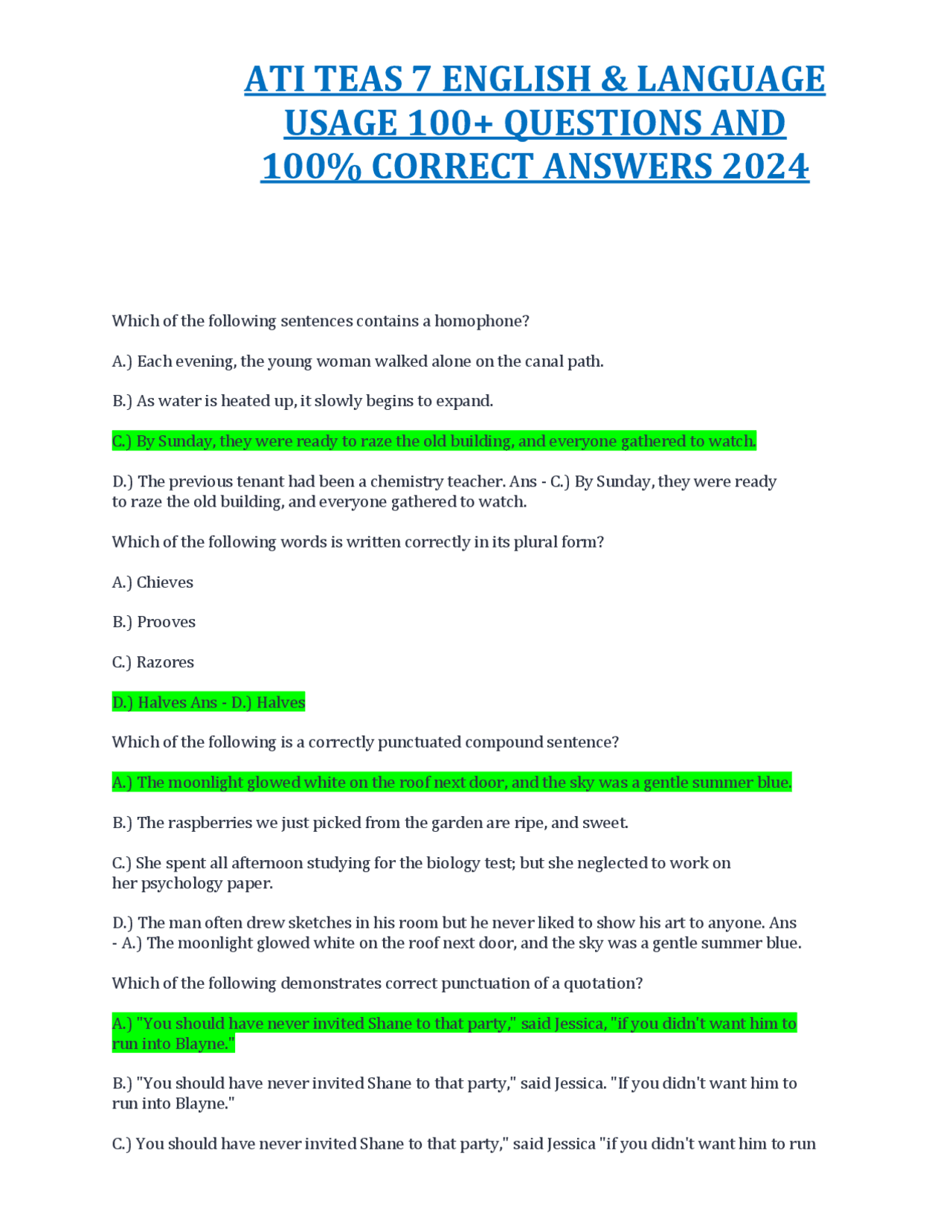 ATI TEAS 7 English & Language Usage Questions and Answers 2024 | Exams Nursing | Docsity