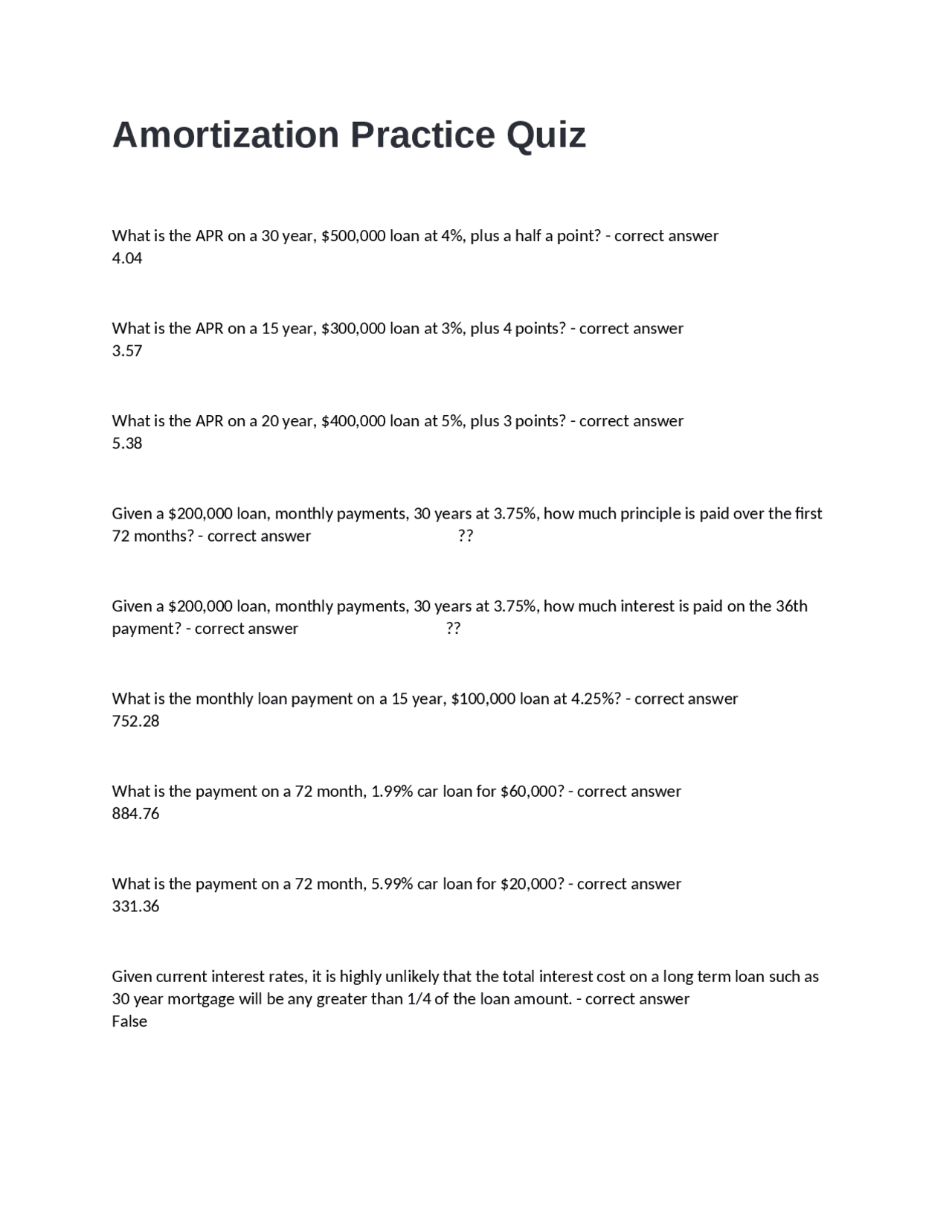 Amortization Practice Quiz Full Exam | Exams Nursing | Docsity