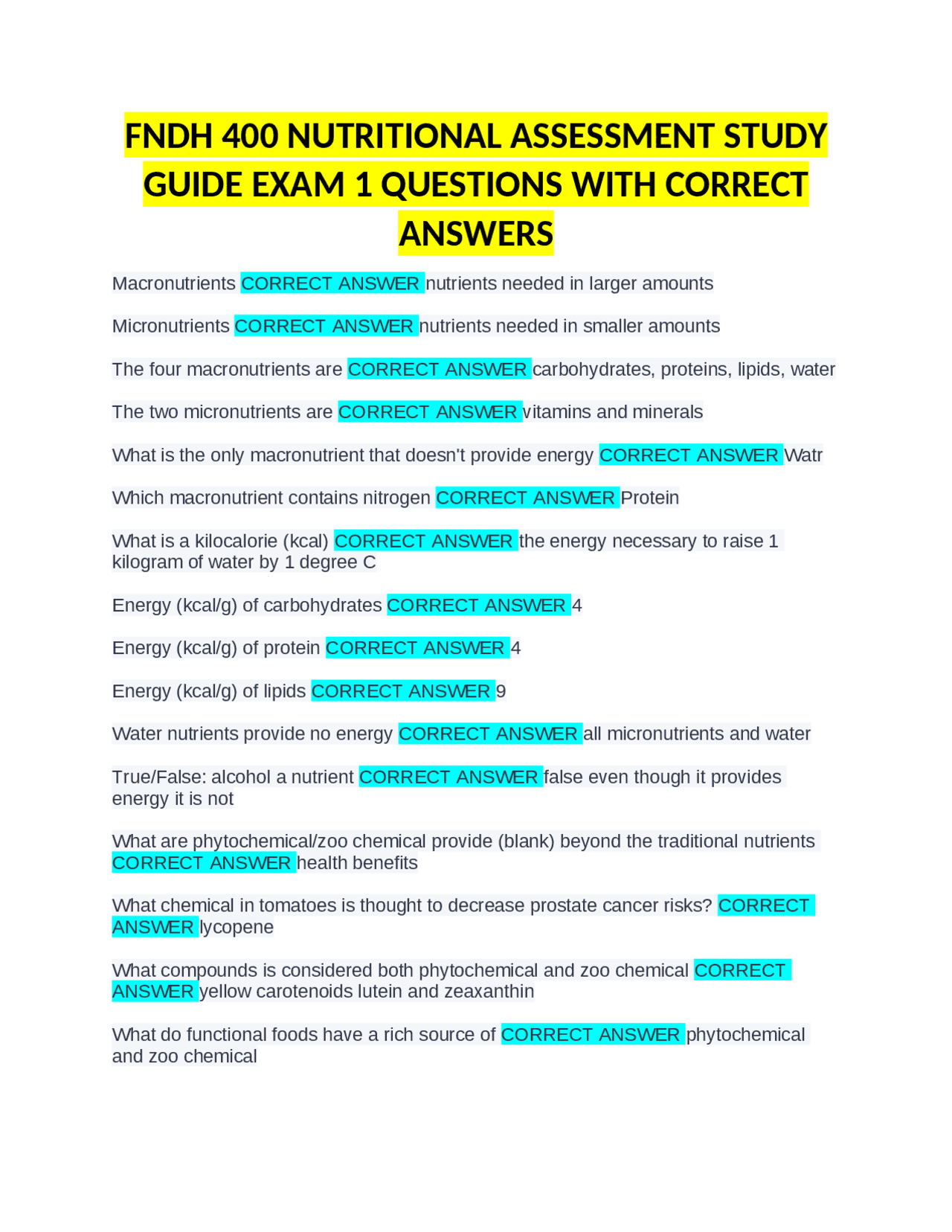 FNDH 400 Nutritional Assessment Study Guide: Exam 1 Questions and ...