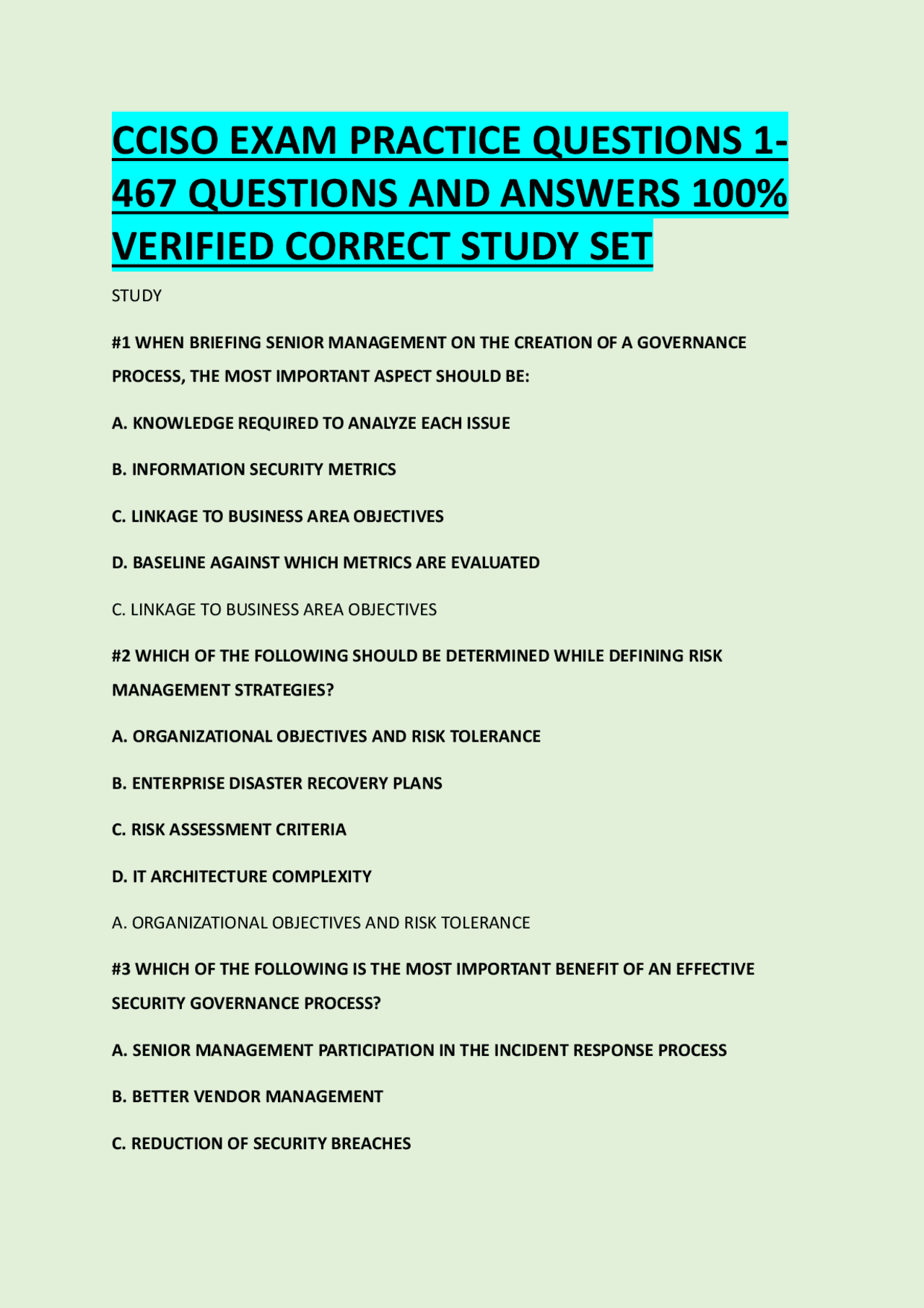 CCISO EXAM PRACTICE QUESTIONS 1 467 QUESTIONS AND ANSWERS 100% VERIFIED ...