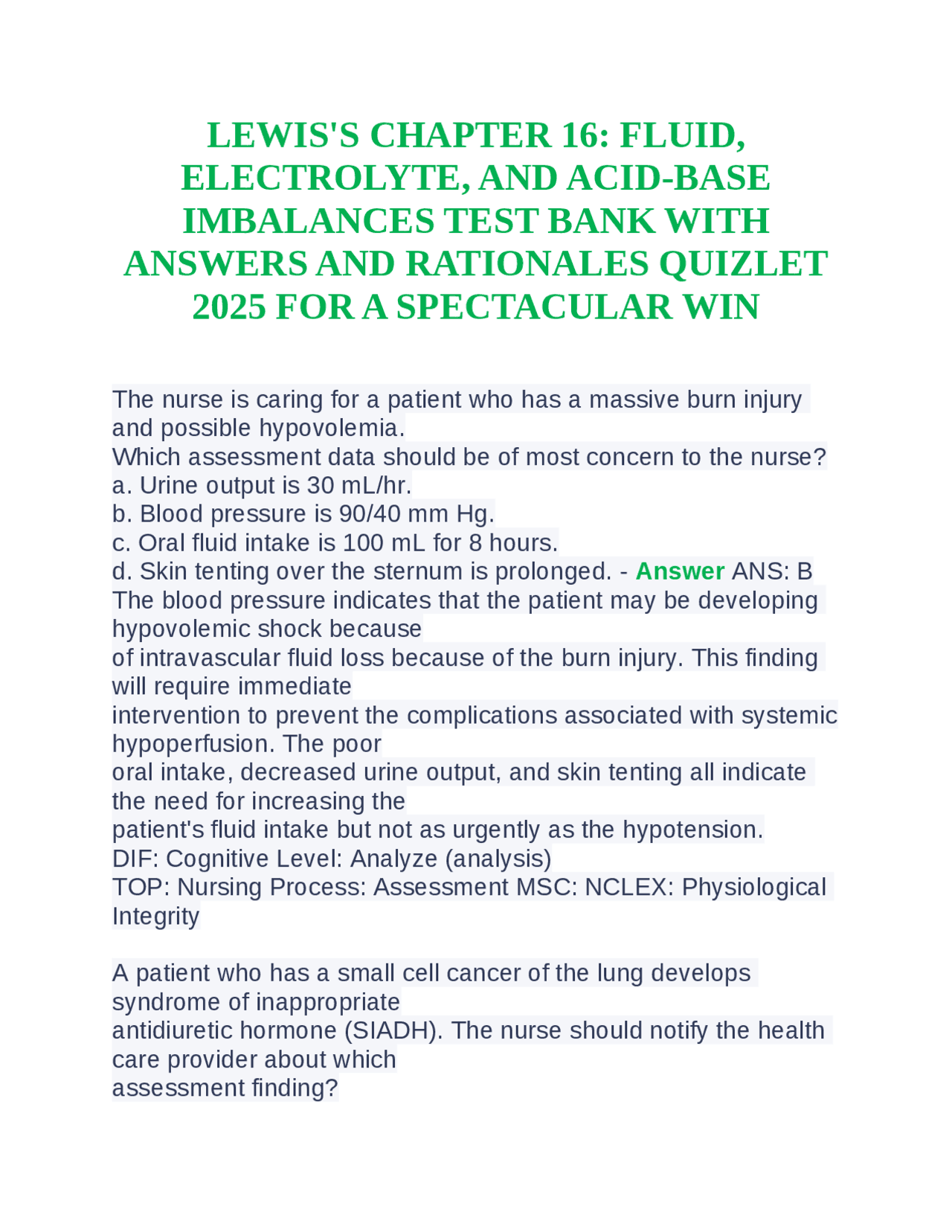 Fluid, Electrolyte, and Acid-Base Imbalances Test Bank with Answers and ...