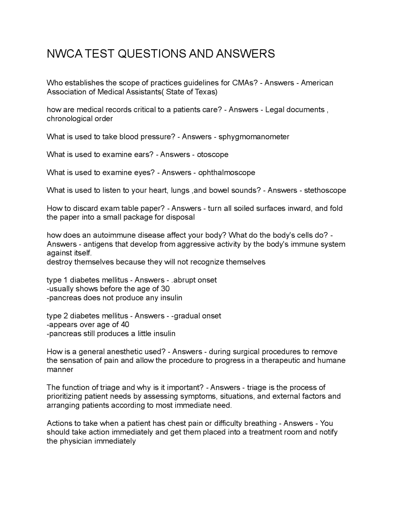 NWCA TEST QUESTIONS AND ANSWERS | Exams Social Sciences | Docsity