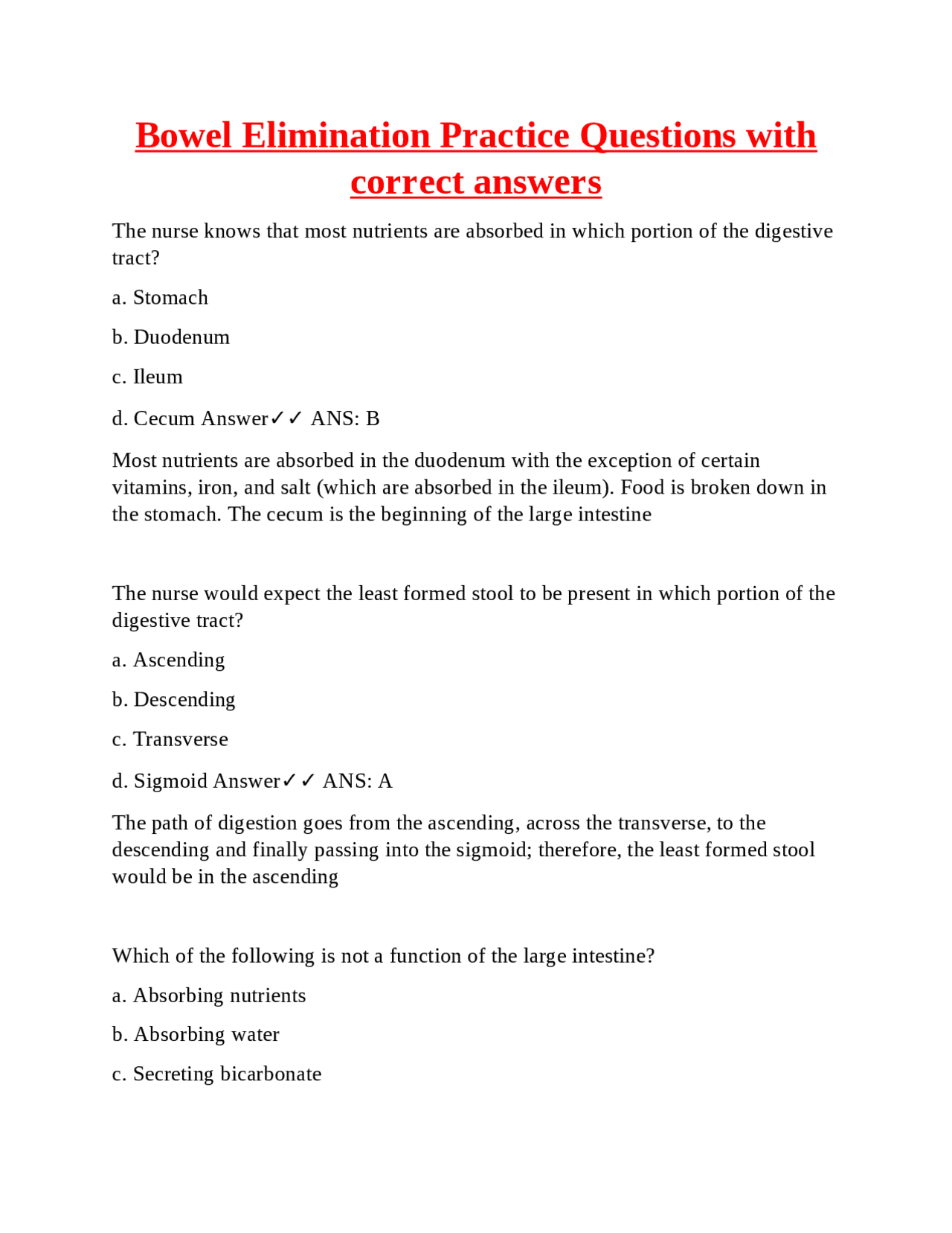 Bowel Elimination Practice Questions with correct answers. | Exams ...