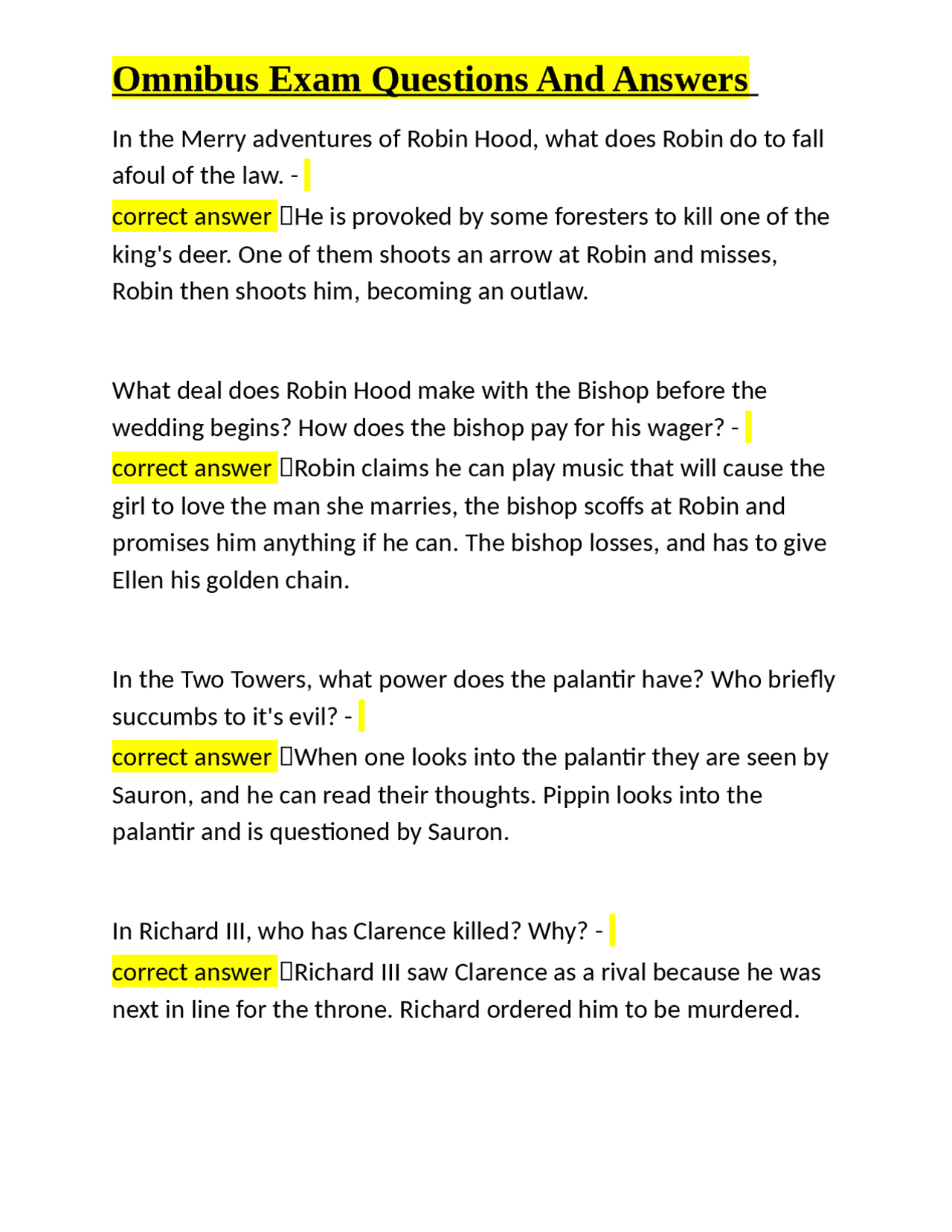 Omnibus Exam Questions and Answers: Literature and History | Exams Law ...