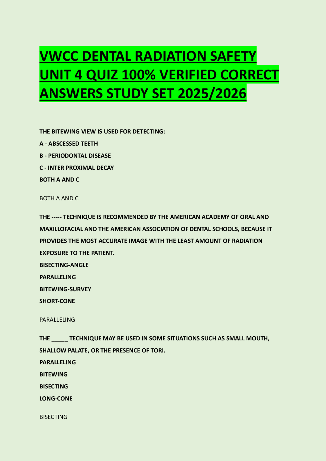 VWCC DENTAL RADIATION SAFETY UNIT 4 QUIZ 100% VERIFIED CORRECT ANSWERS ...