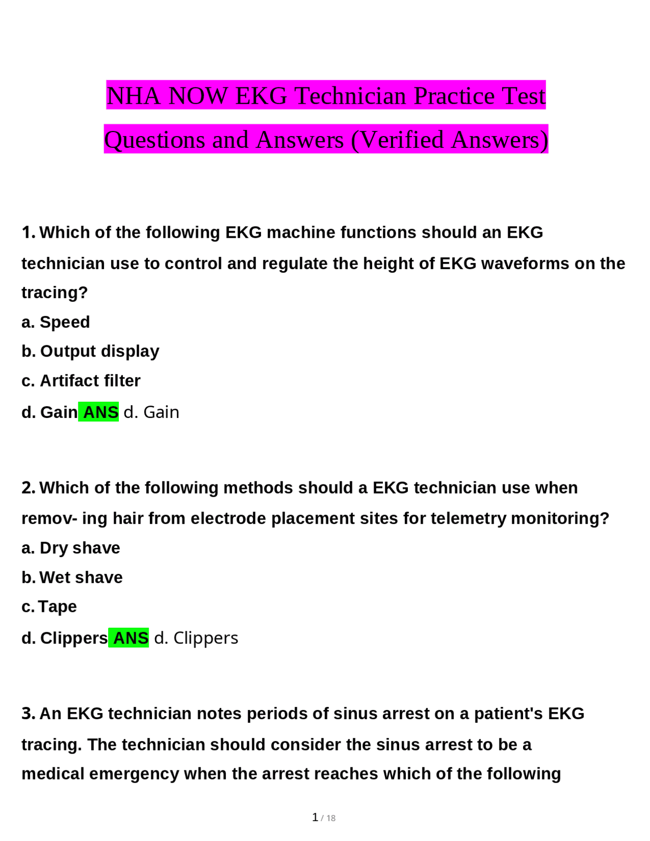 NHA NOW EKG Technician Practice Test: Questions and Answers (Verified ...