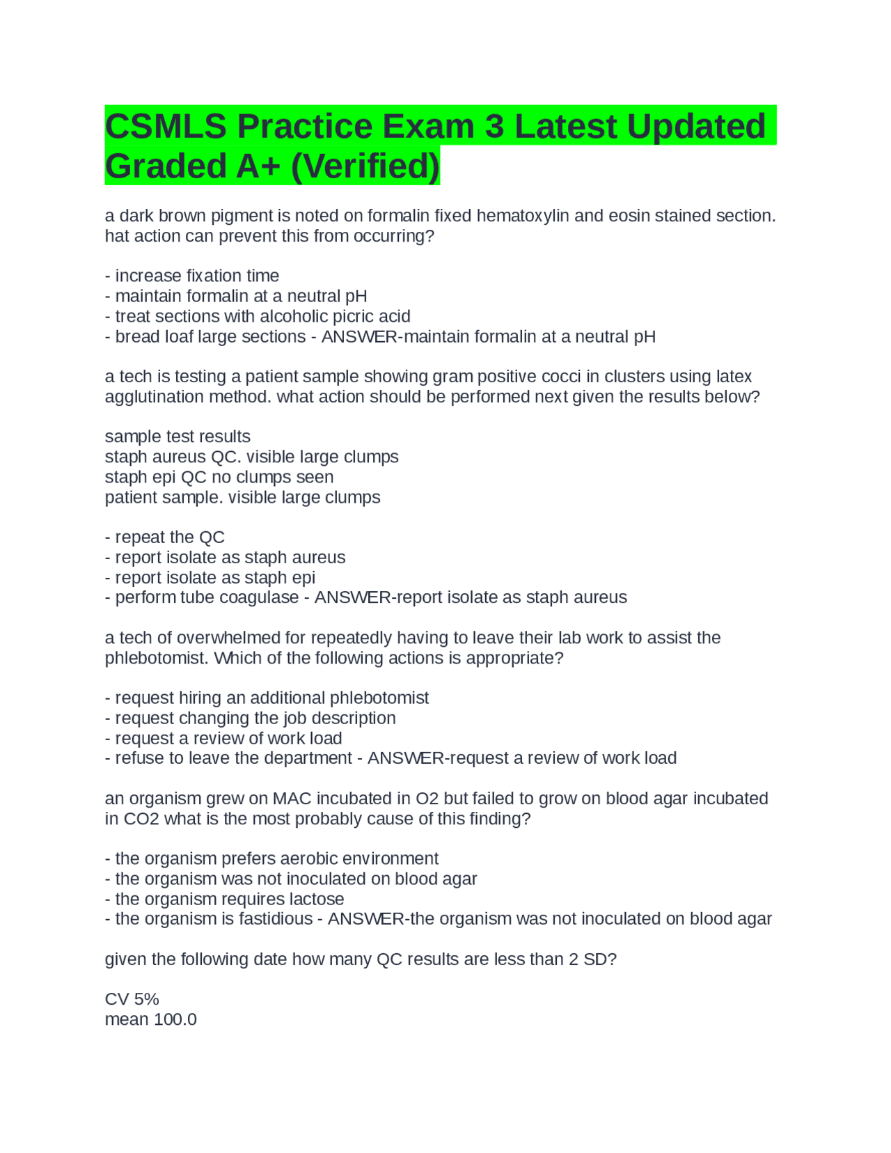 CSMLS Practice Exam 3 Latest Updated Graded A+ | Exams Biology | Docsity