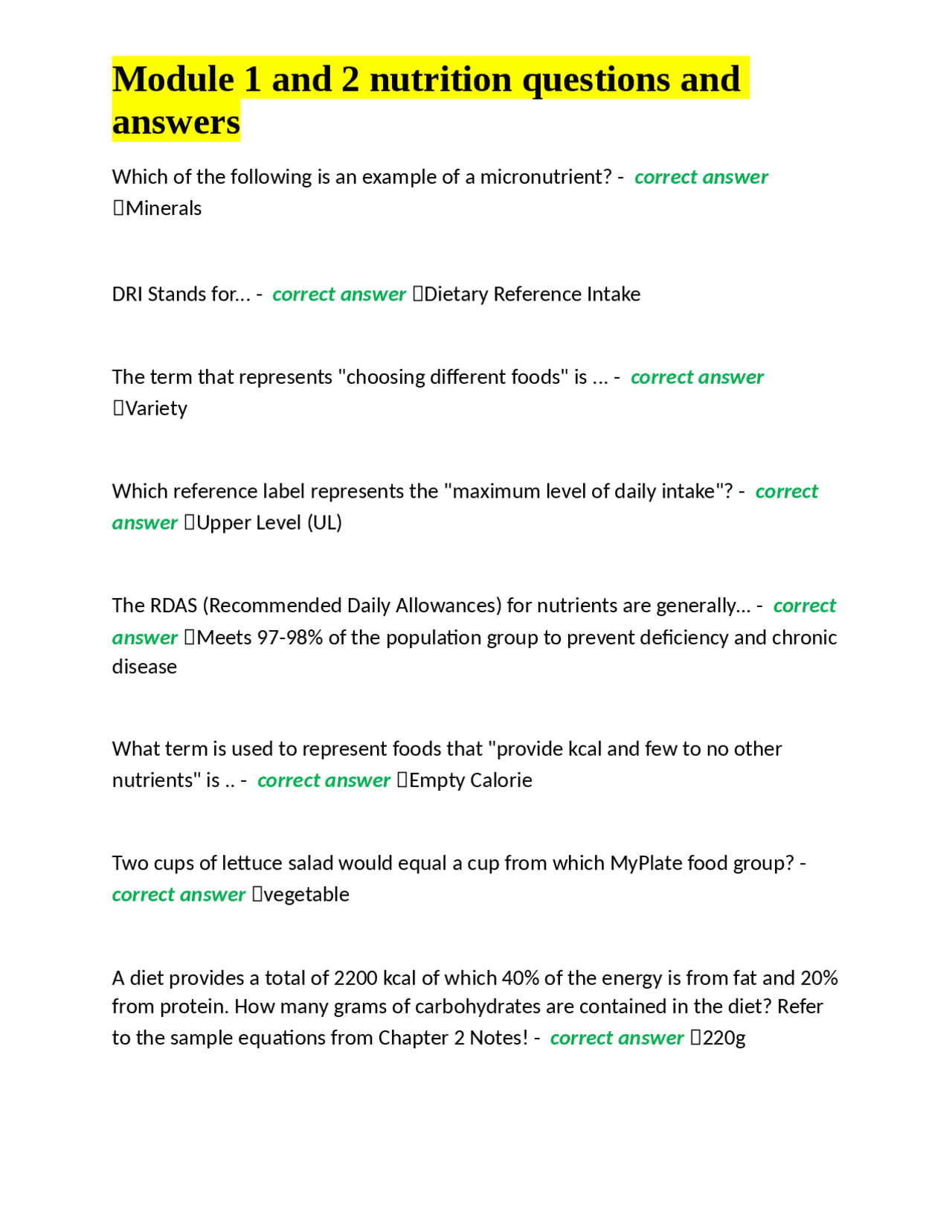 Nutrition Questions and Answers: Module 1 & 2 | Exams Nutrition | Docsity
