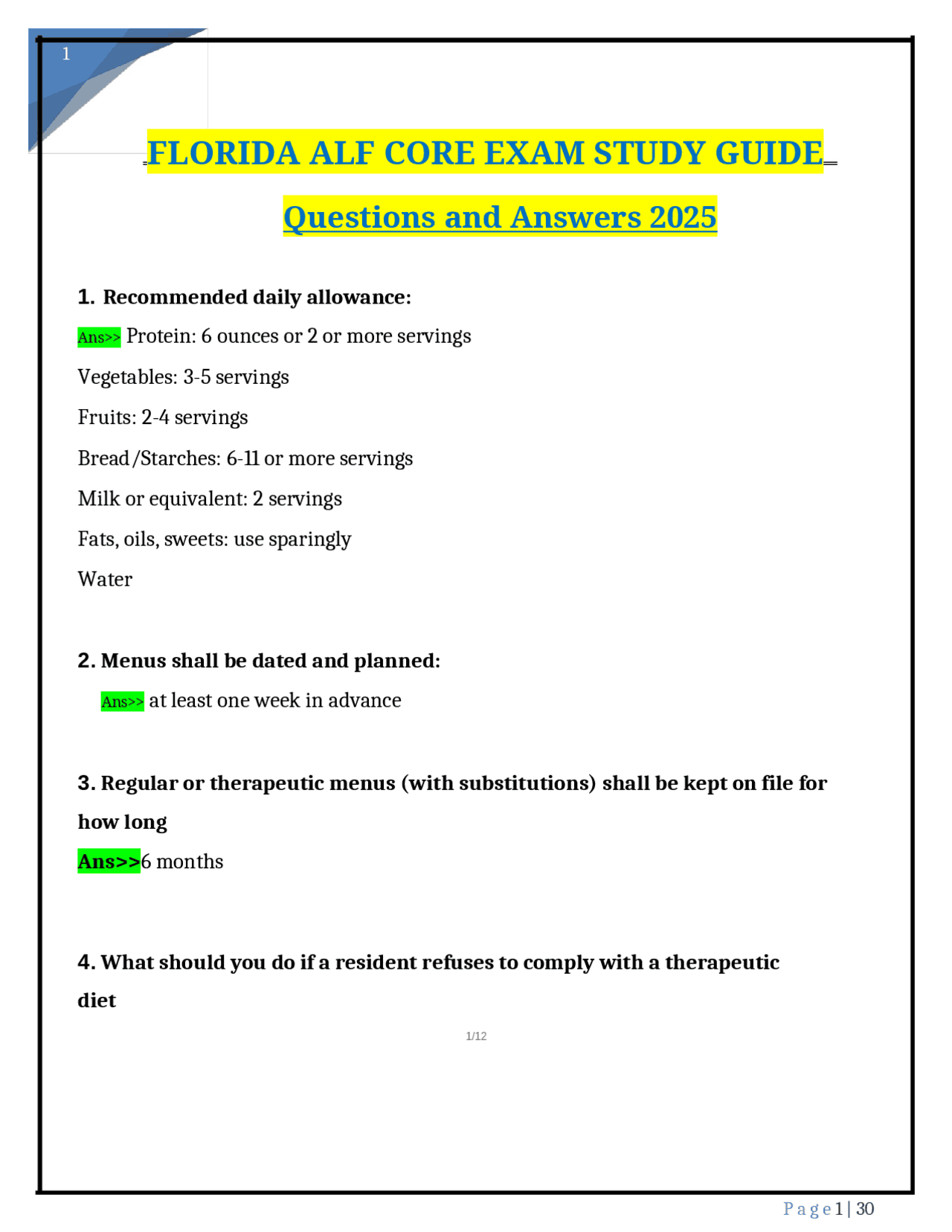 Florida ALF Core Exam Study Guide Questions and Answers 2025 | Exams ...