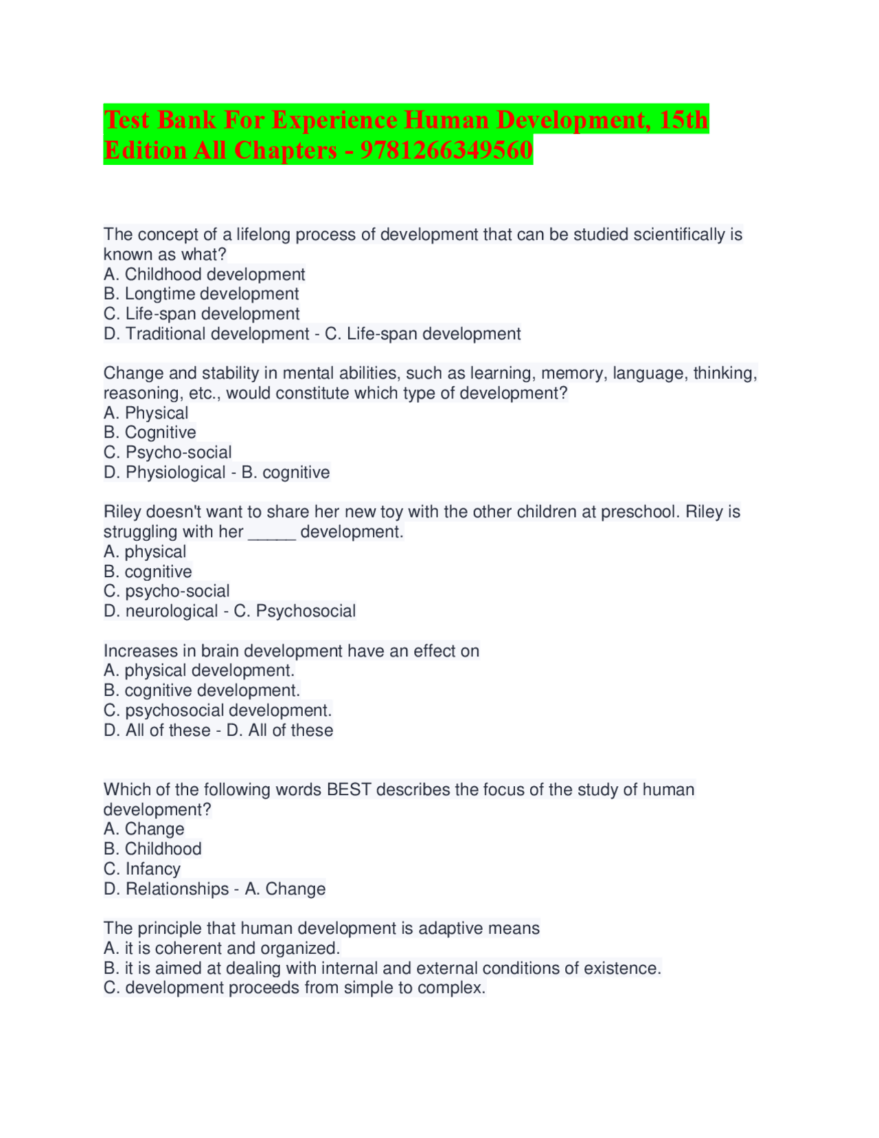 Test Bank for Experience Human Development, 15th Edition: Multiple ...