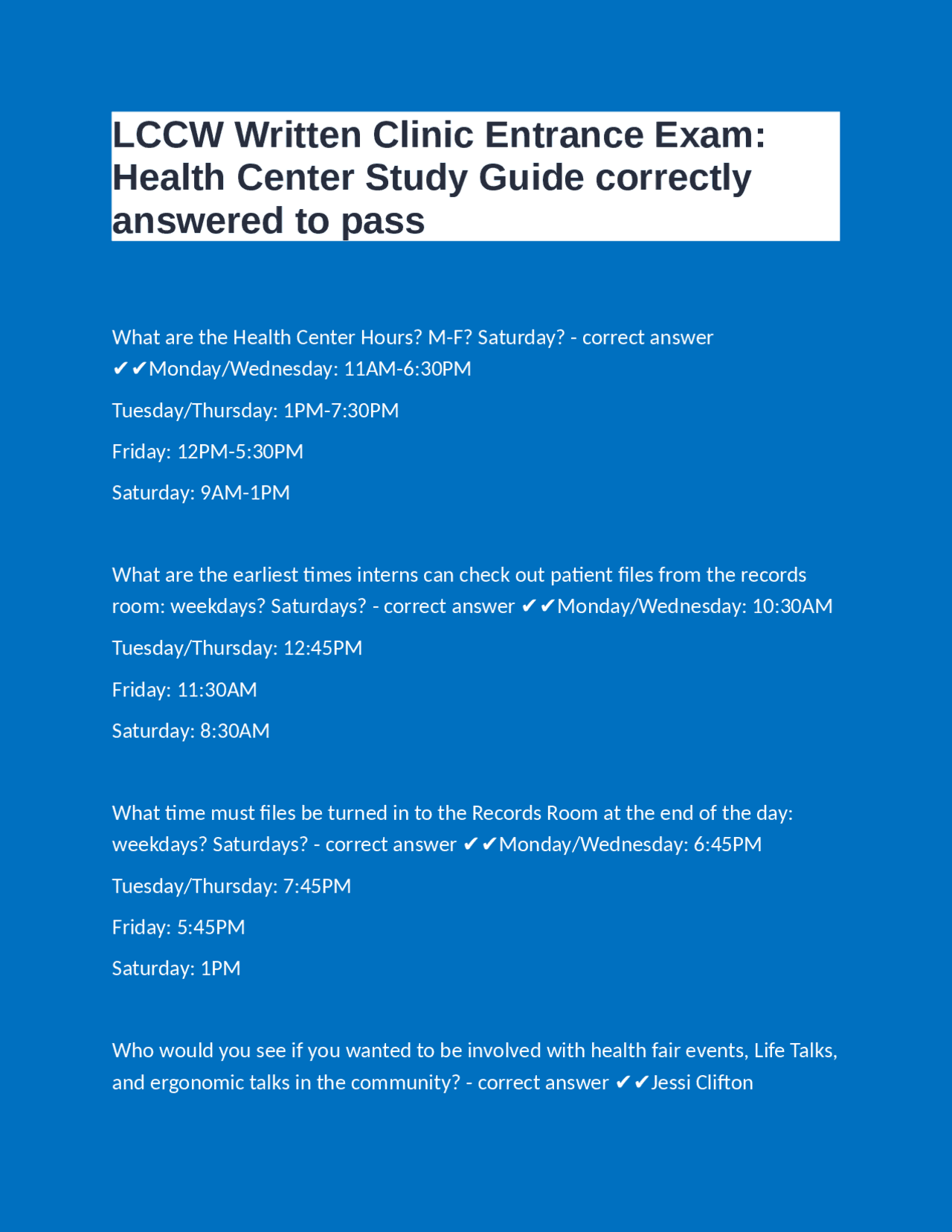 LCCW Written Clinic Entrance Exam: Health Center Study Guide | Exams ...