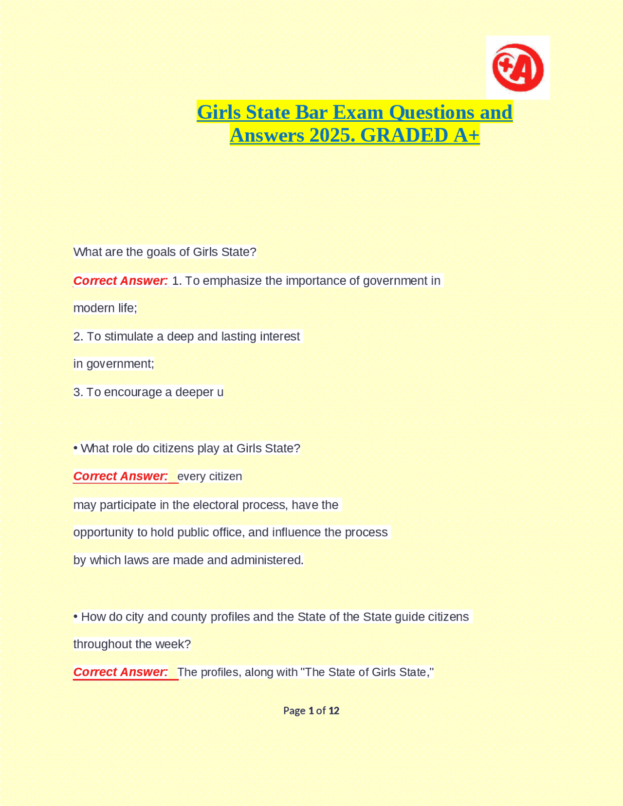 Michigan Girls State Bar Exam: Questions & Answers 2025 | Exams Nursing ...