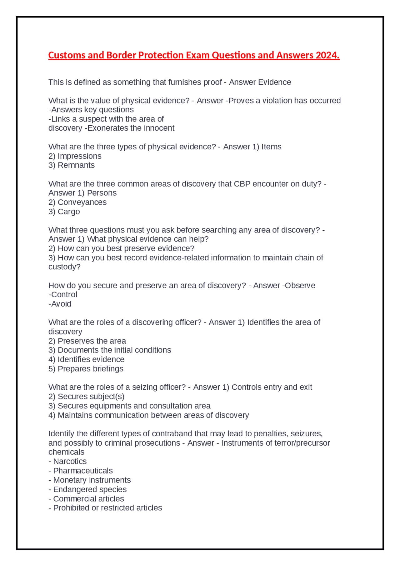 Customs and Border Protection Exam Questions and Answers 2024 | Exams ...