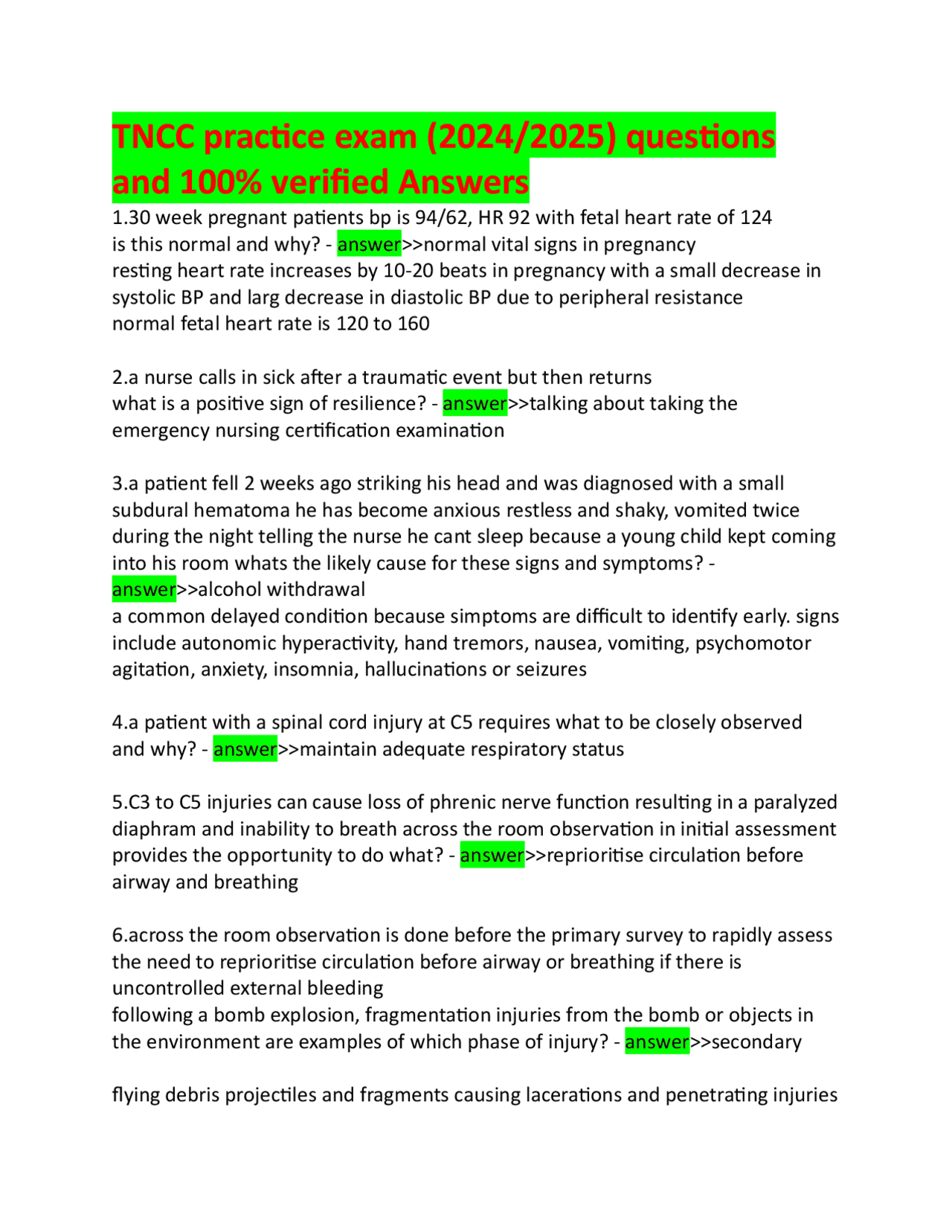 TNCC Practice Exam Questions and Answers (2024/2025) | Exams Nursing ...