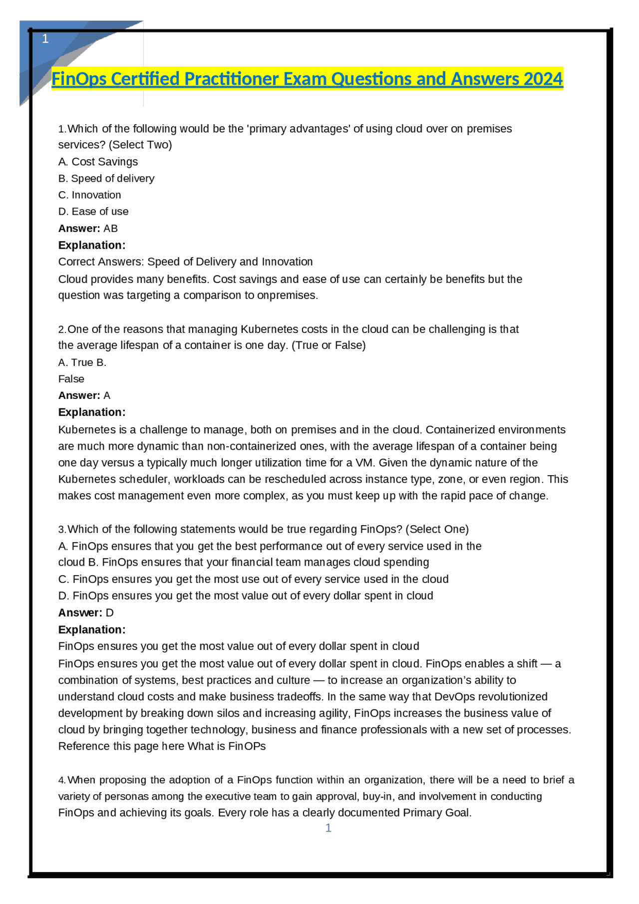 FinOps Certified Practitioner Exam Questions and Answers 2024 | Exams ...