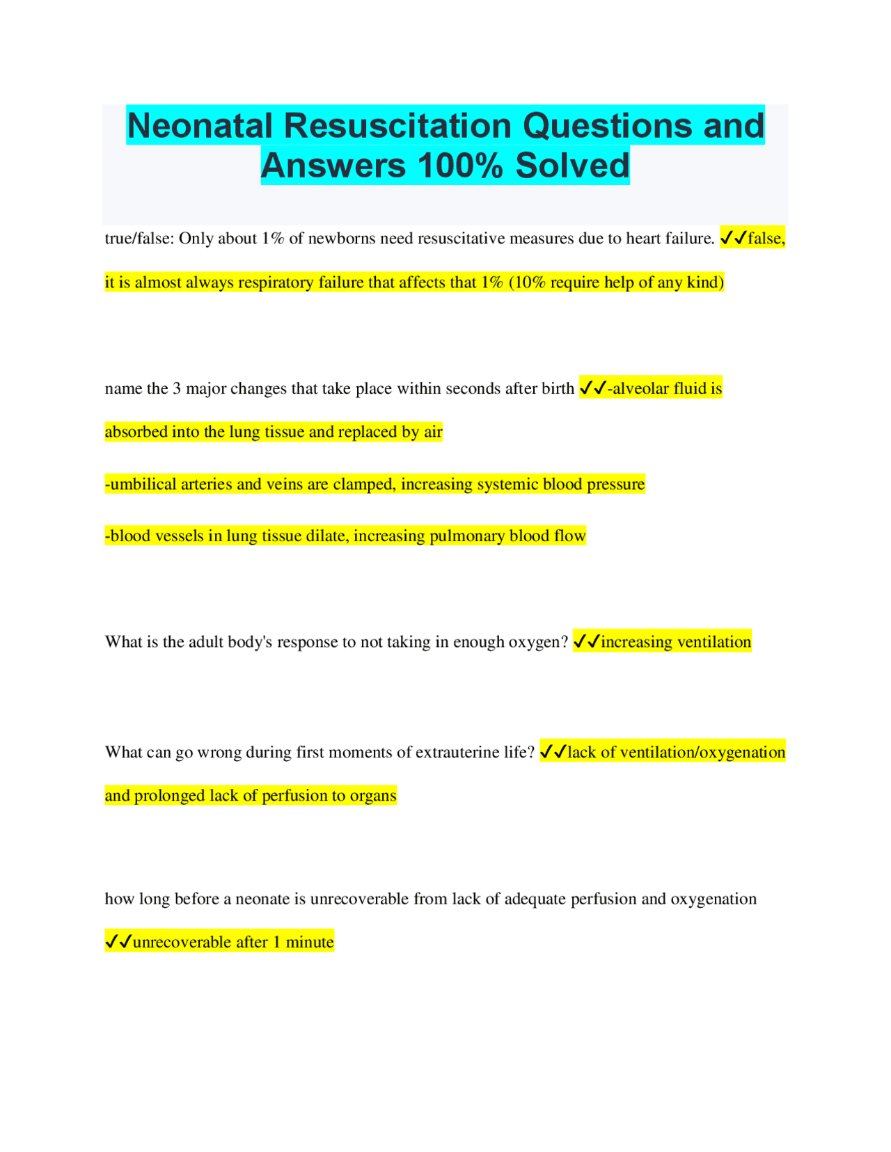 Neonatal Resuscitation Questions and Answers 100% Solved | Exams ...