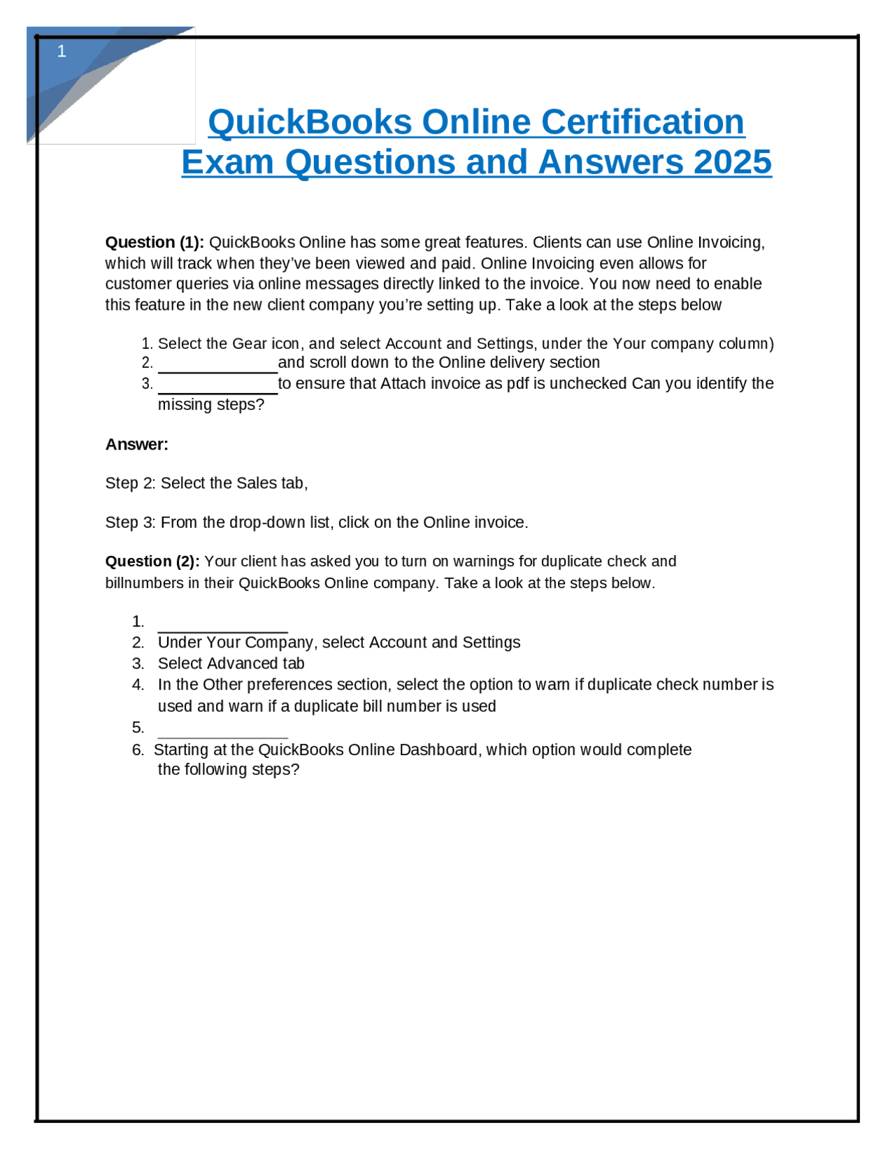 QuickBooks Online Certification Exam Questions and Answers 2025 | Exams ...