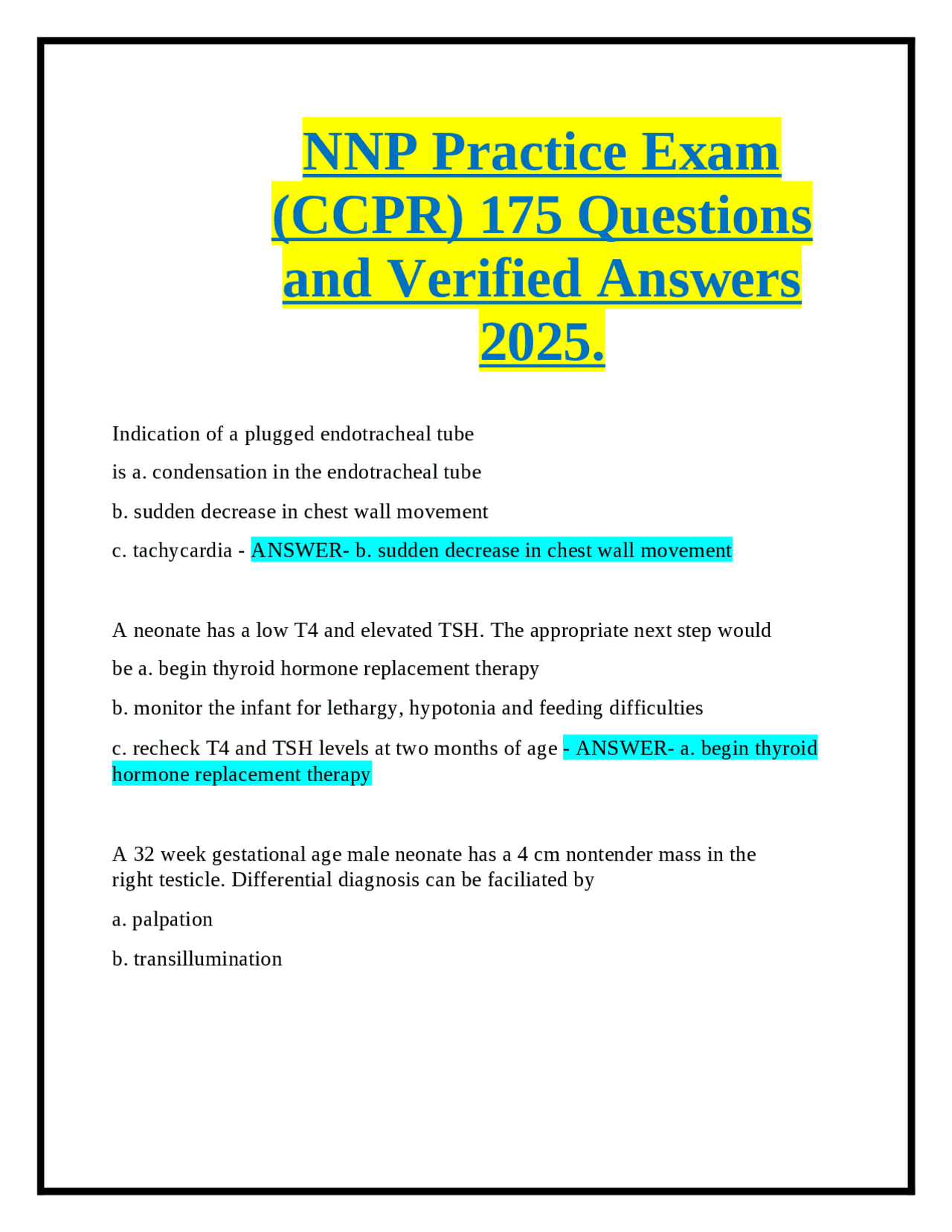 NNP Practice Exam (CCPR) 175 Questions and Verified Answers 2025 ...