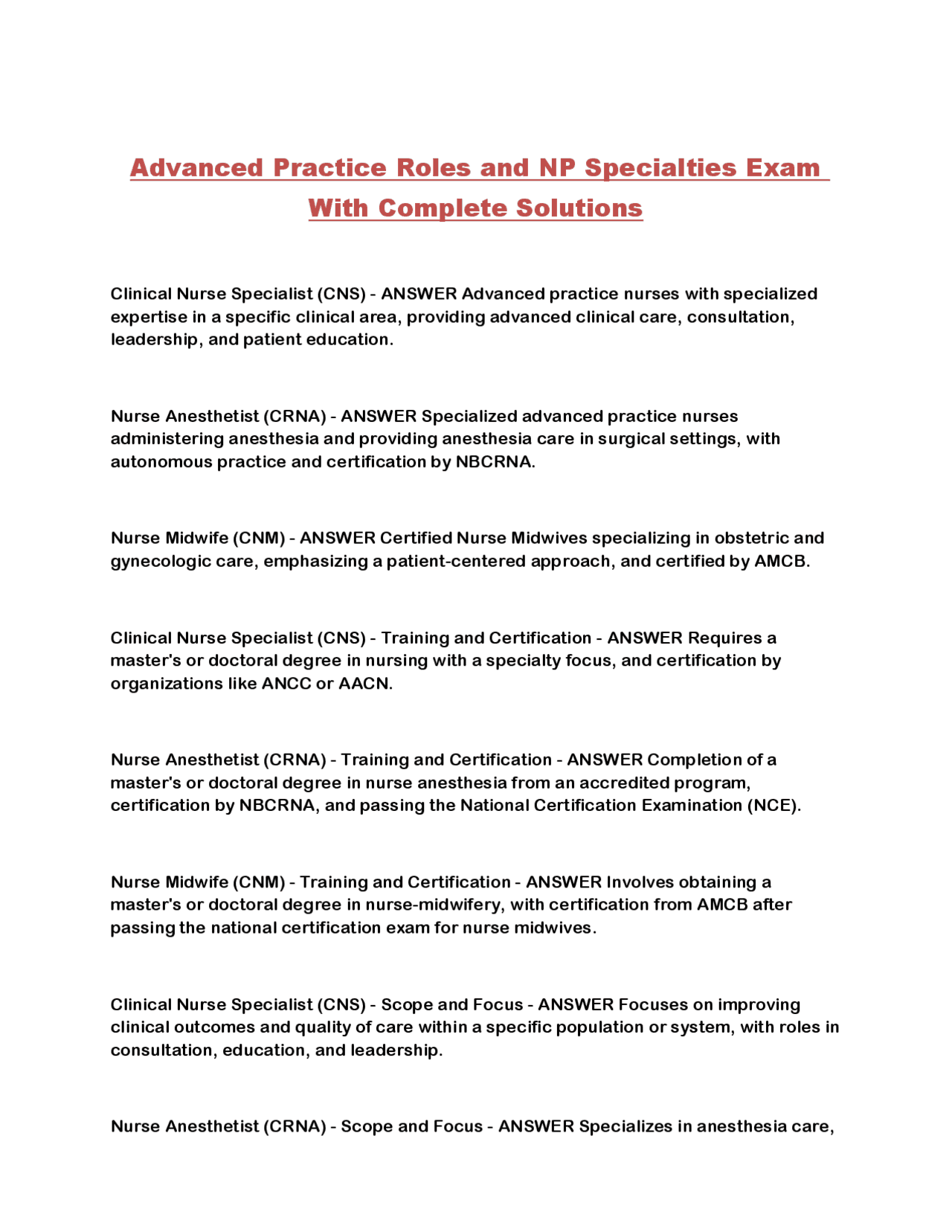 Advanced Practice Roles and NP Specialties Exam With Complete Solutions ...