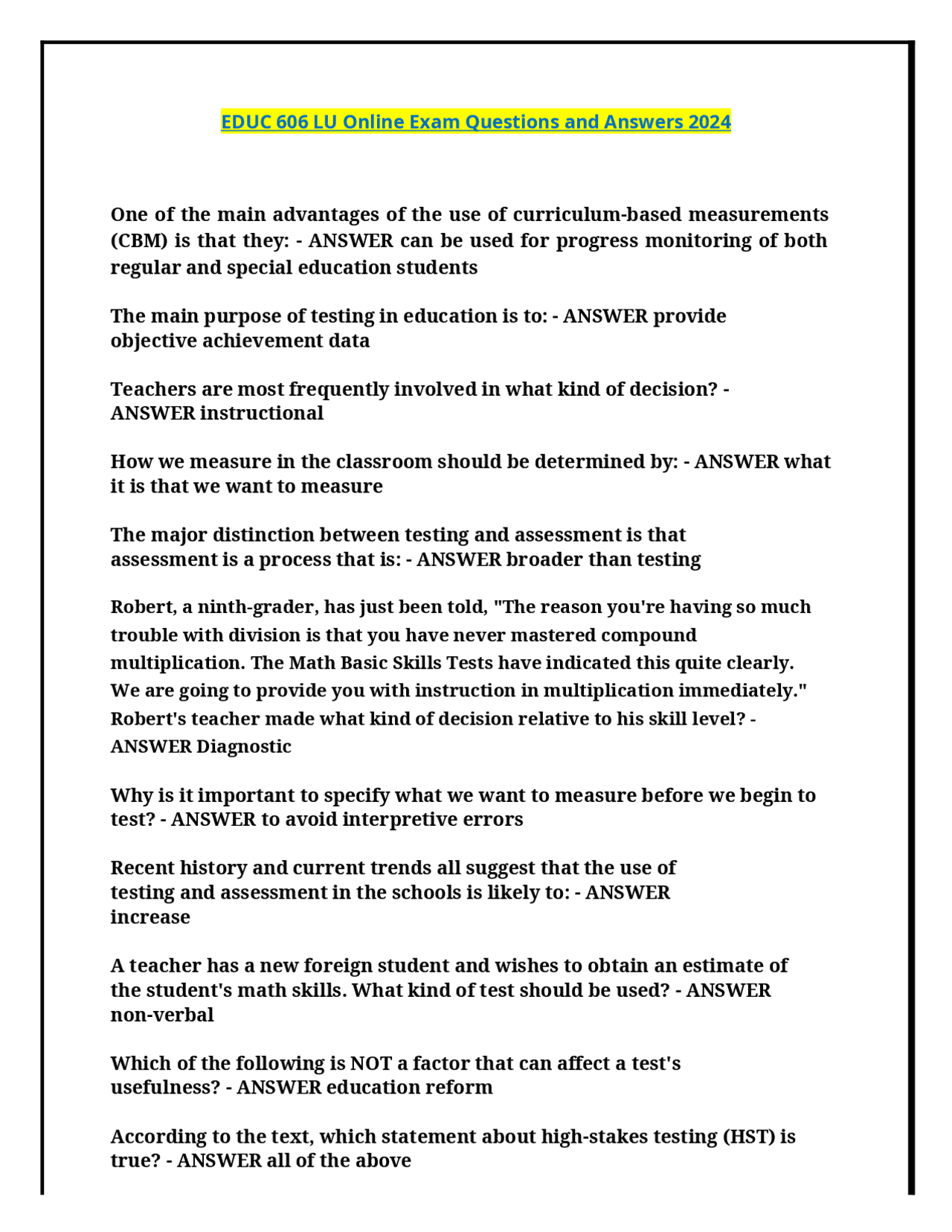 EDUC 606 LU Online Exam Questions and Answers 2024 | Exams Nursing ...