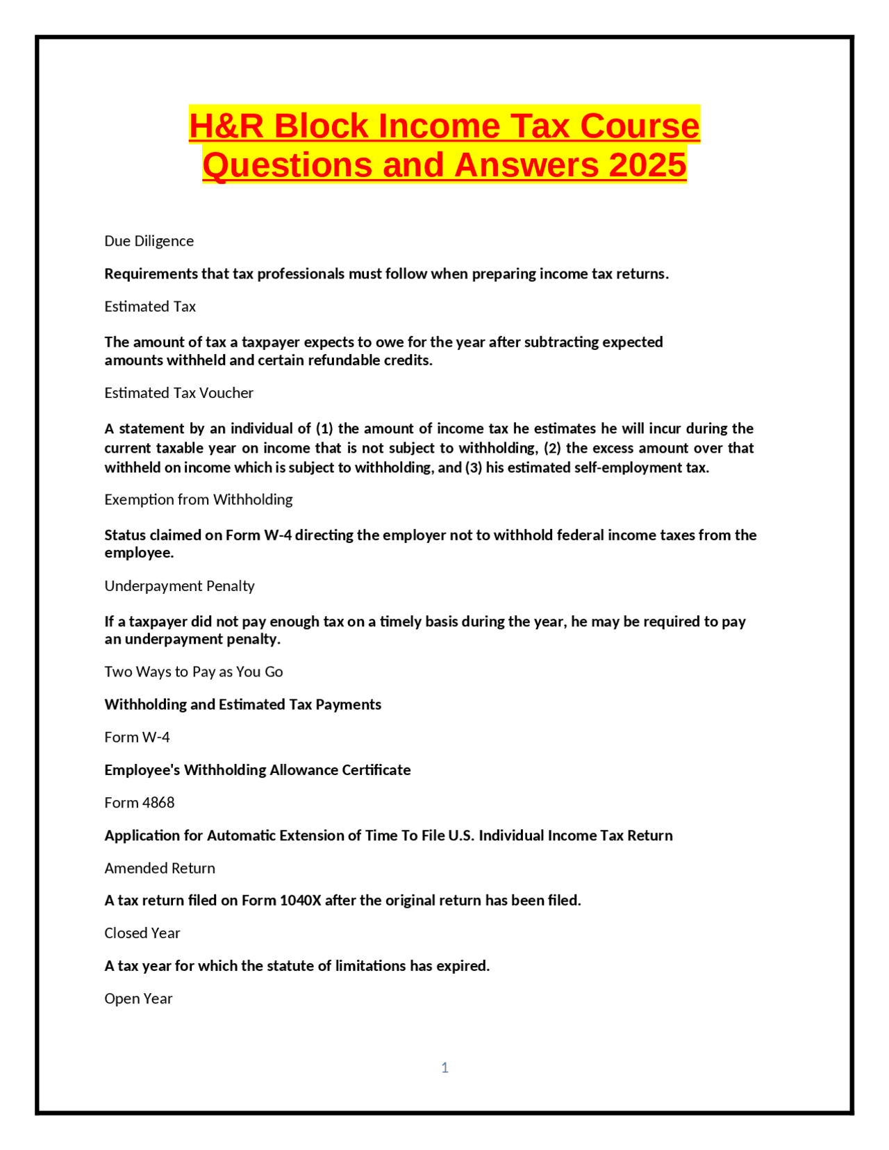 H&R Block Income Tax Course: Questions and Answers 2025 | Exams ...
