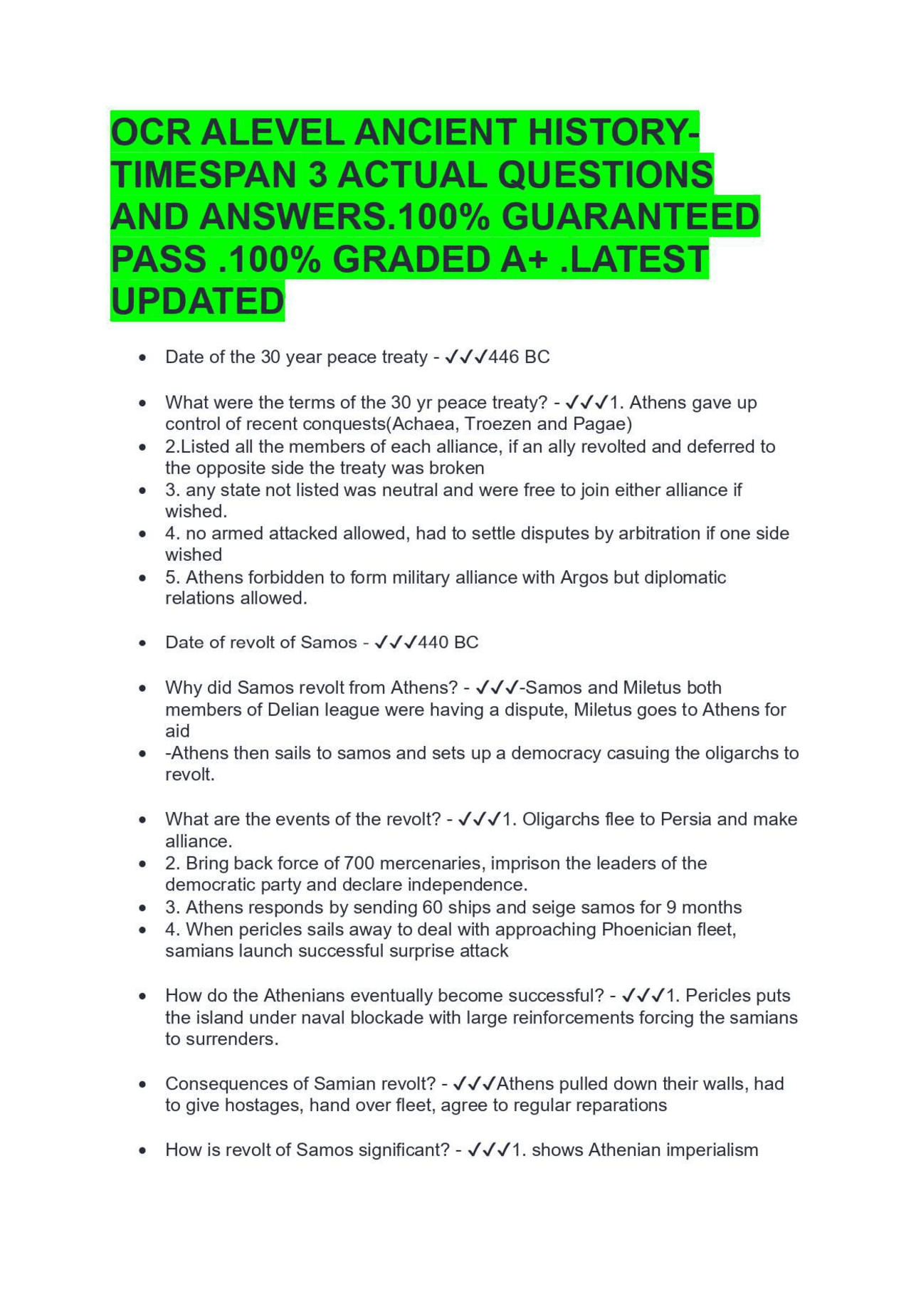 OCR ALEVEL ANCIENT HISTORYTIMESPAN 3 ACTUAL QUESTIONS AND ANSWERS.100% ...