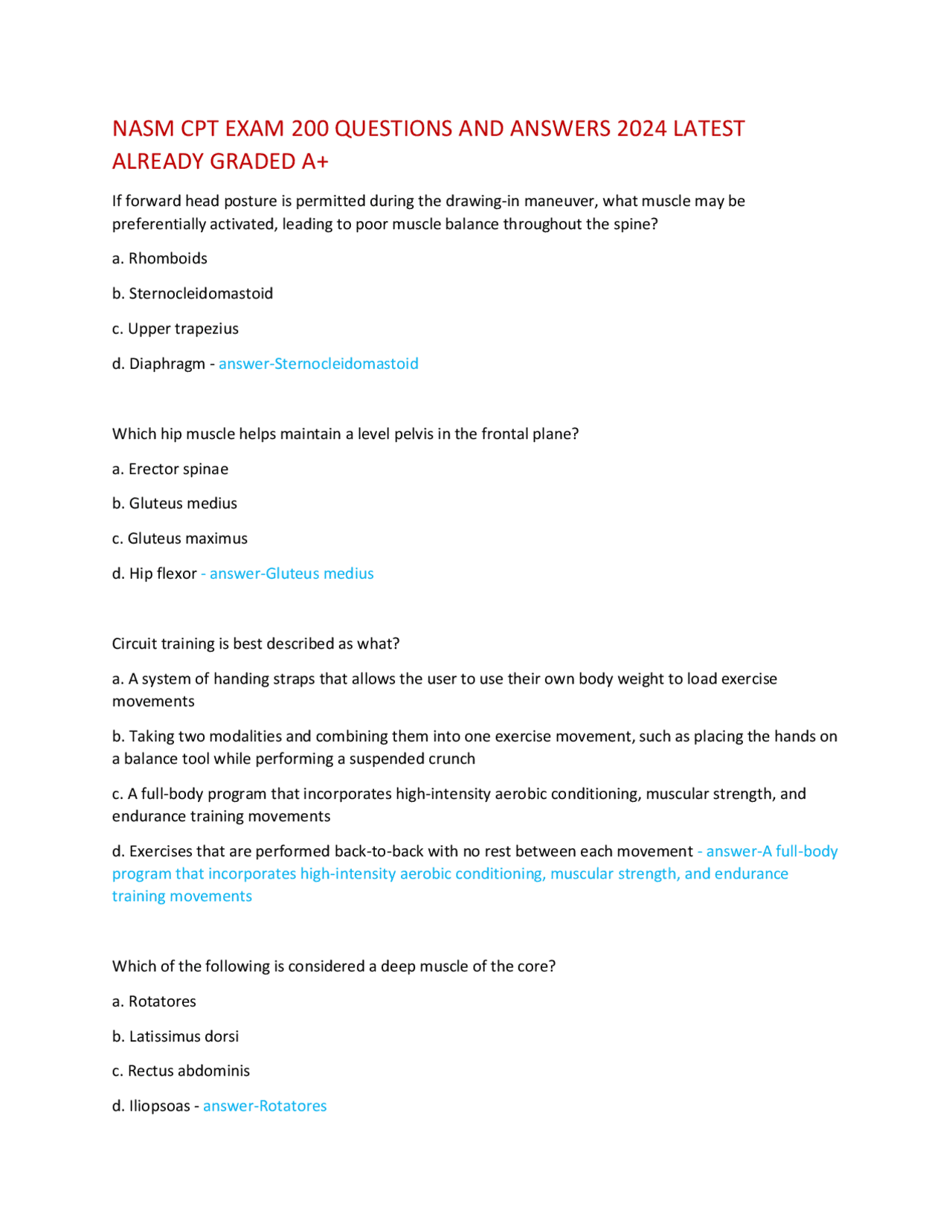 NASM CPT Exam 200 Questions and Answers 2024: Comprehensive Study Guide ...