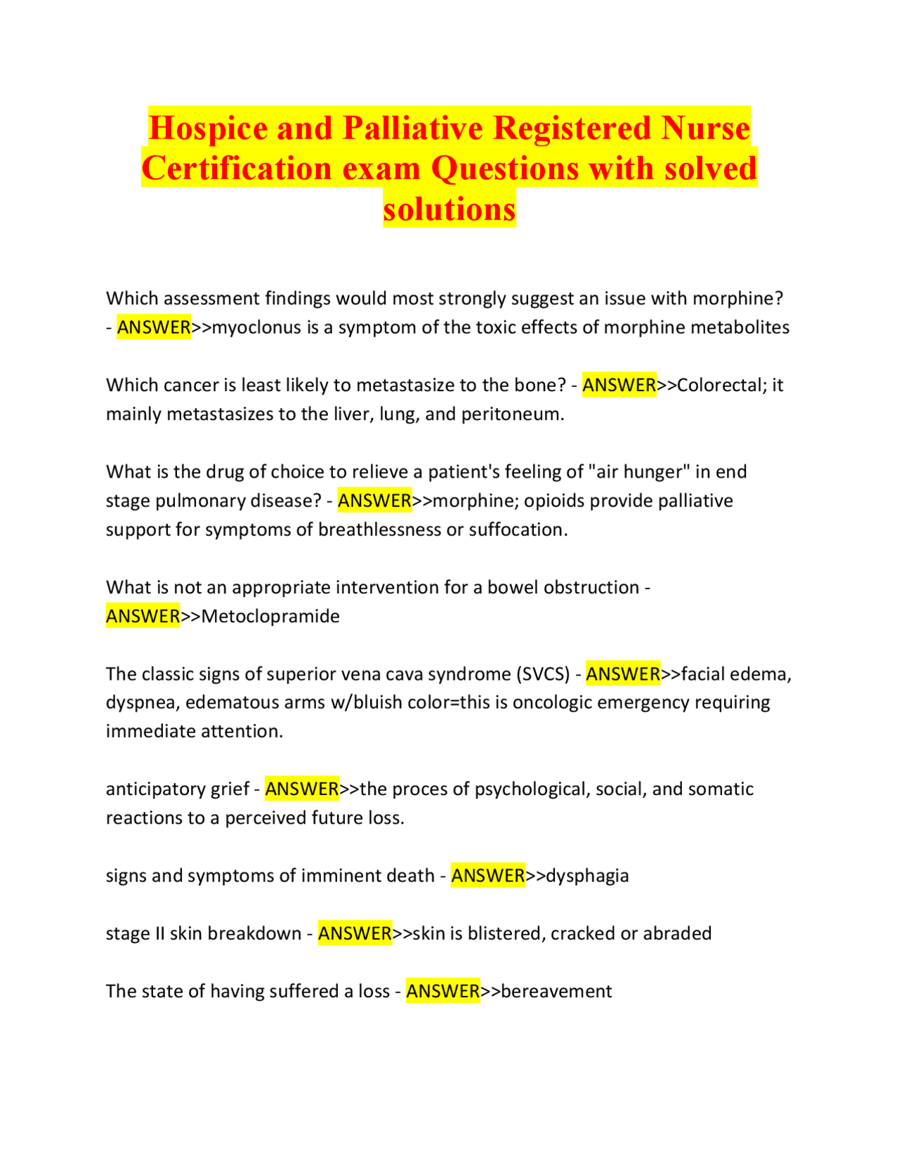 Hospice and Palliative Registered Nurse Certification exam Questions ...