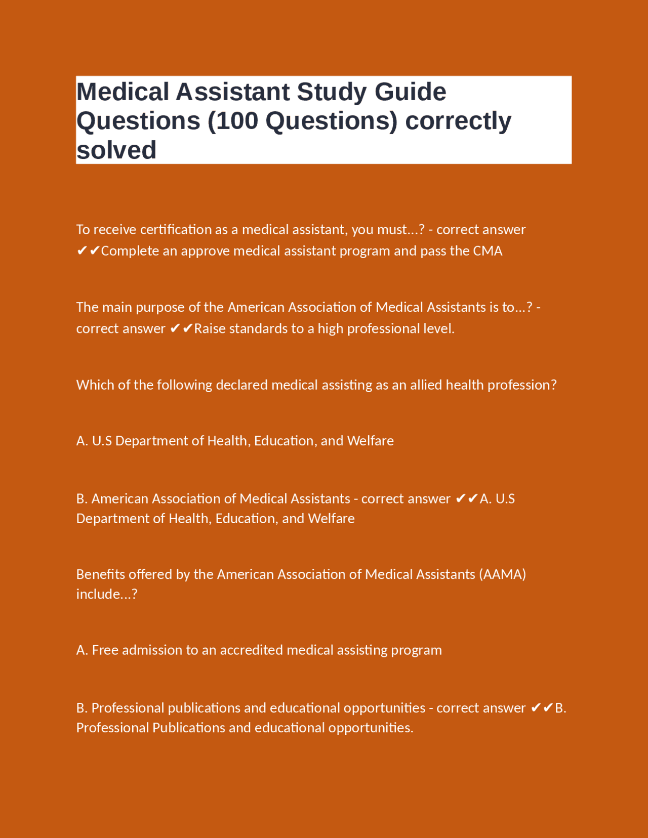 Medical Assistant Study Guide: Multiple Choice Questions | Exams ...