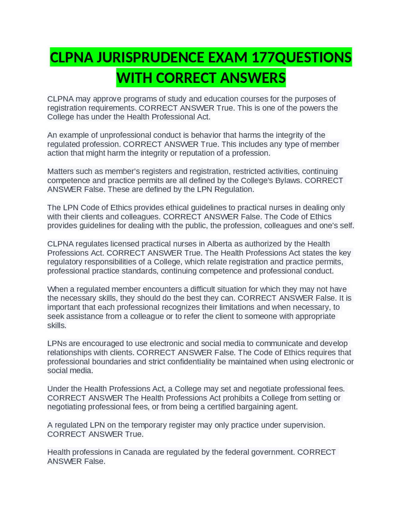 CLPNA Jurisprudence Exam: 177 Questions with Correct Answers | Exams Advanced Education | Docsity