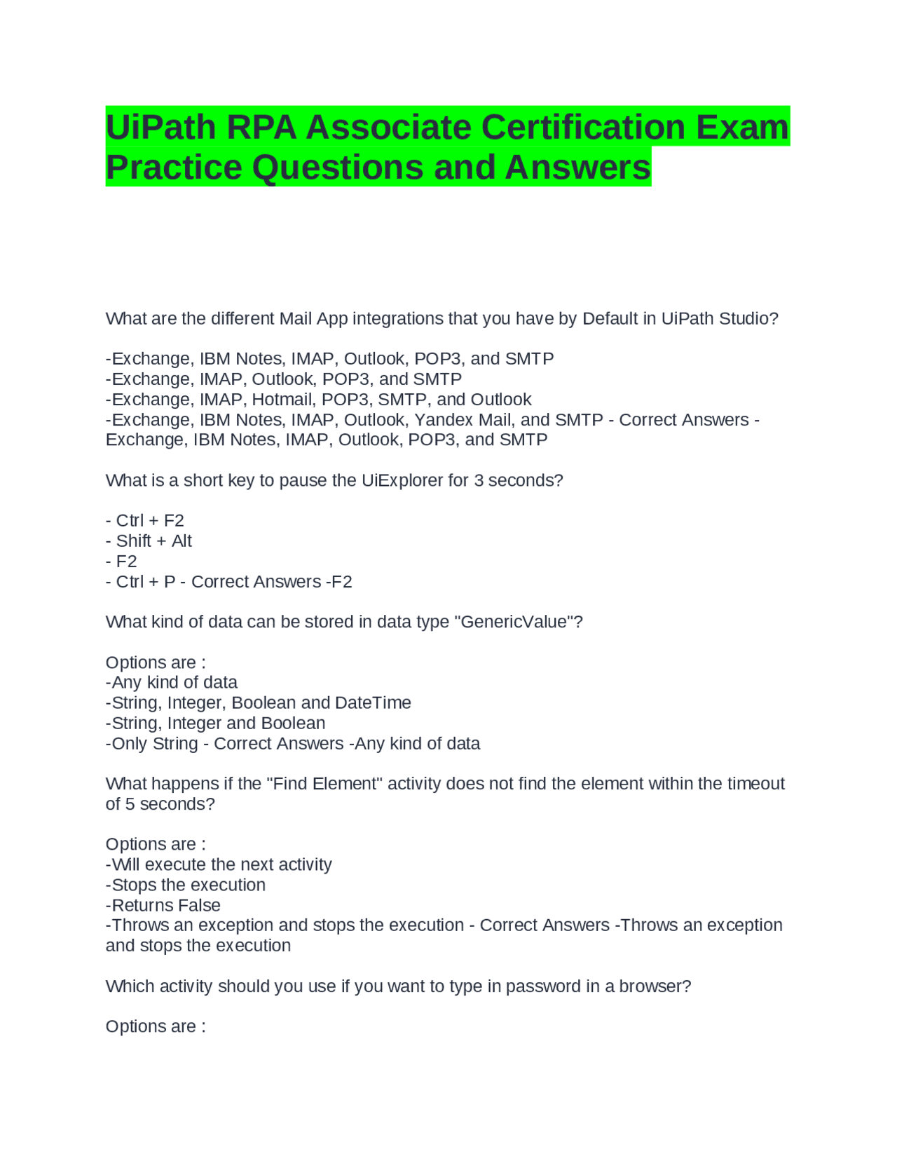 UiPath RPA Associate Certification Exam Practice Questions and Answers ...