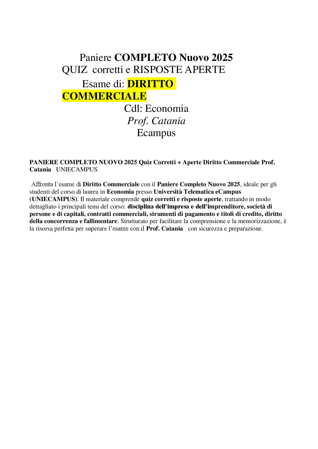 Paniere Completo Quiz Risolti + Risposte Aperte Diritto Commerciale Prof. Catania eCampus ...