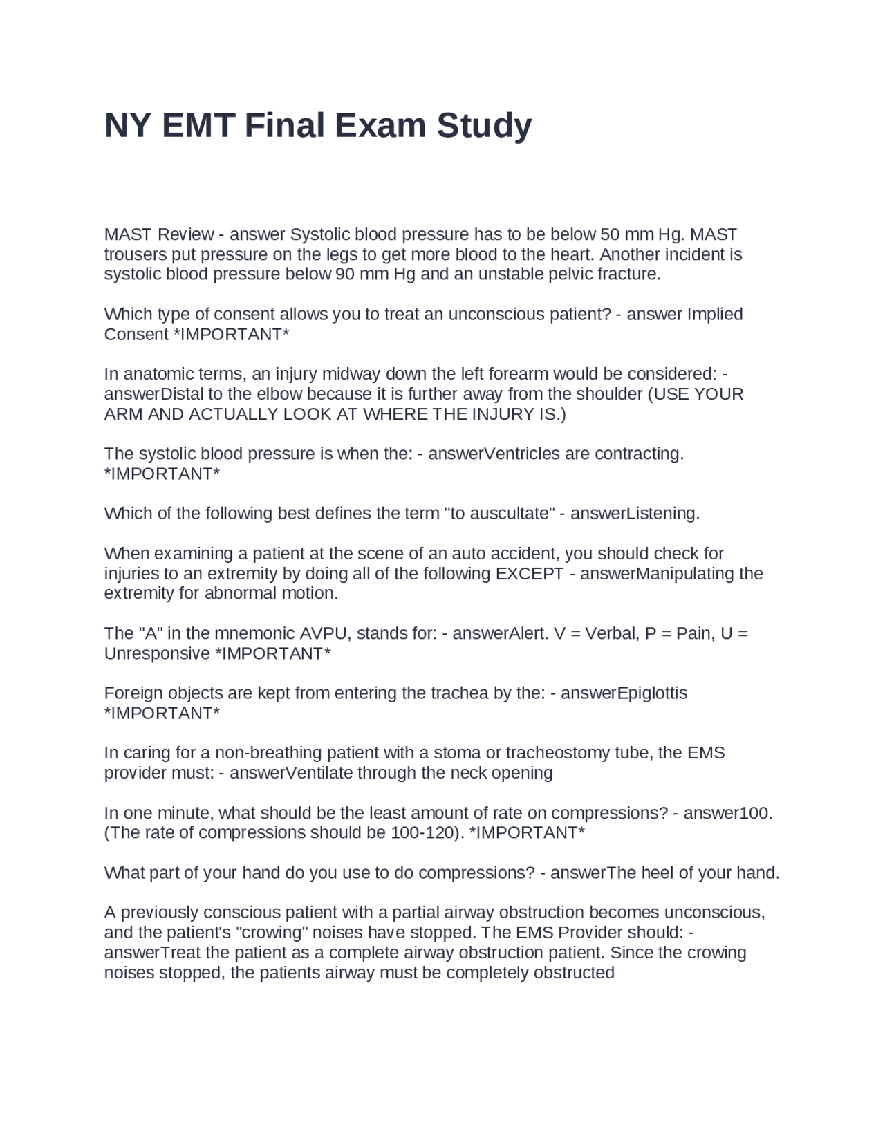 NY EMT Final Exam Study Guide: Key Concepts and Practice Questions ...