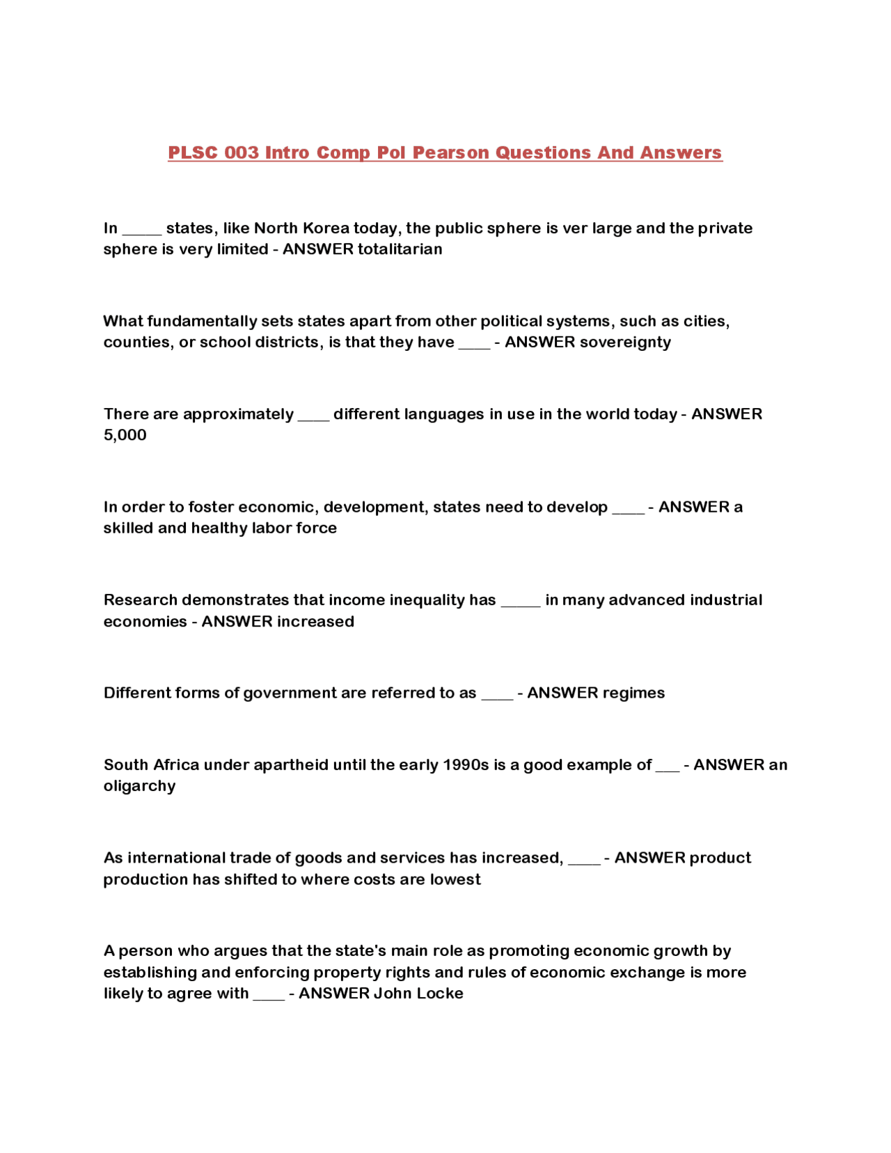 Intro to Comparative Politics: PLSC 003 Pearson Questions & Answers ...