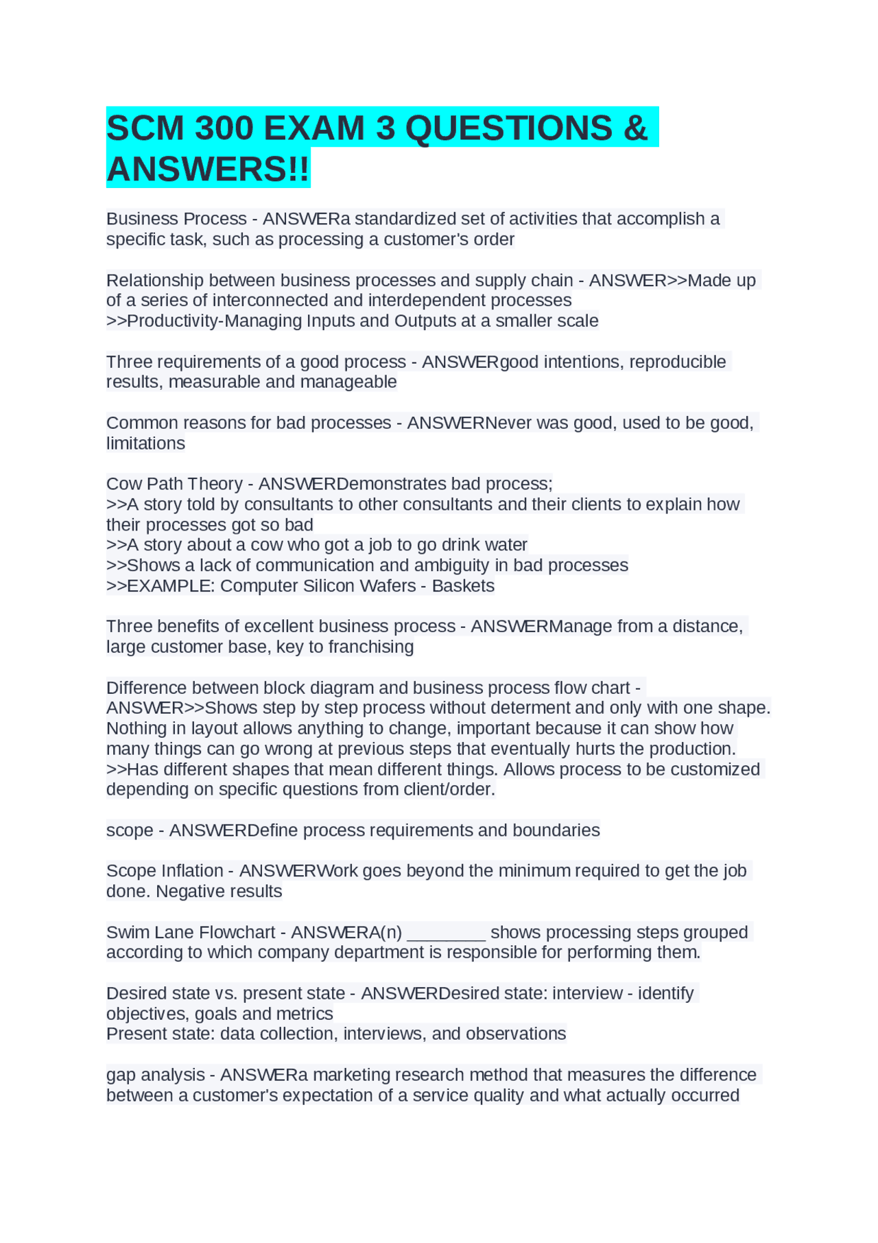 SCM 300 Exam 3 Questions and Answers: Business Processes and Supply ...